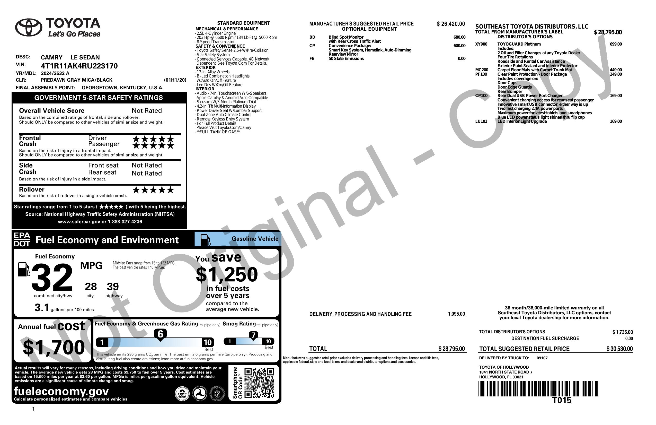 Window Sticker for 2024 Toyota Camry Le Auto (Natl)