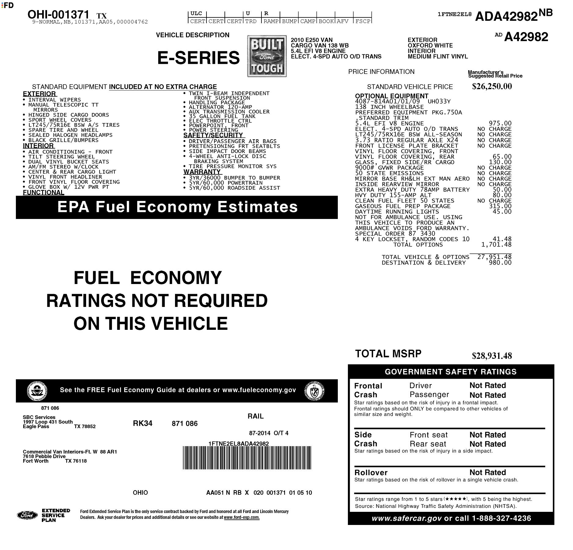 Window Sticker for 2010 Ford Econoline Cargo Van E 250