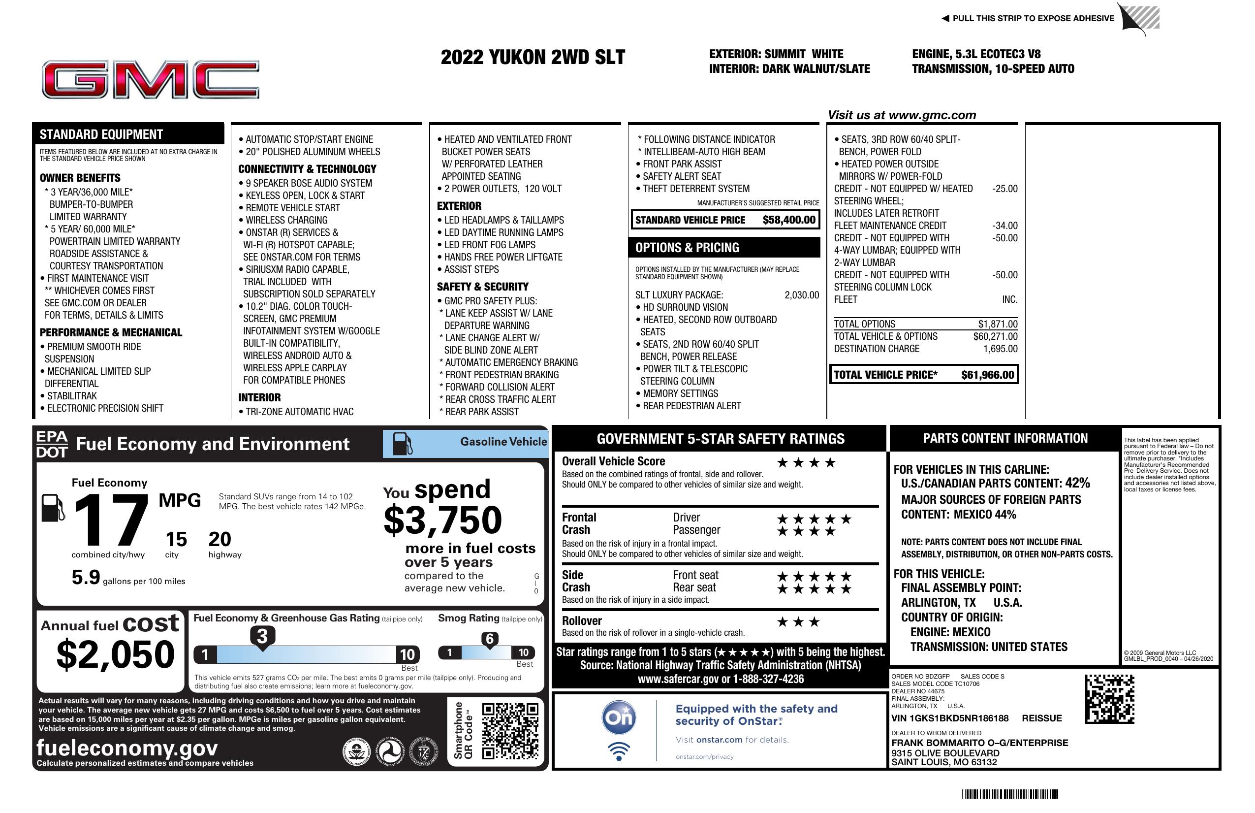 Window Sticker for 2022 GMC Yukon 2 Wd 4dr Slt