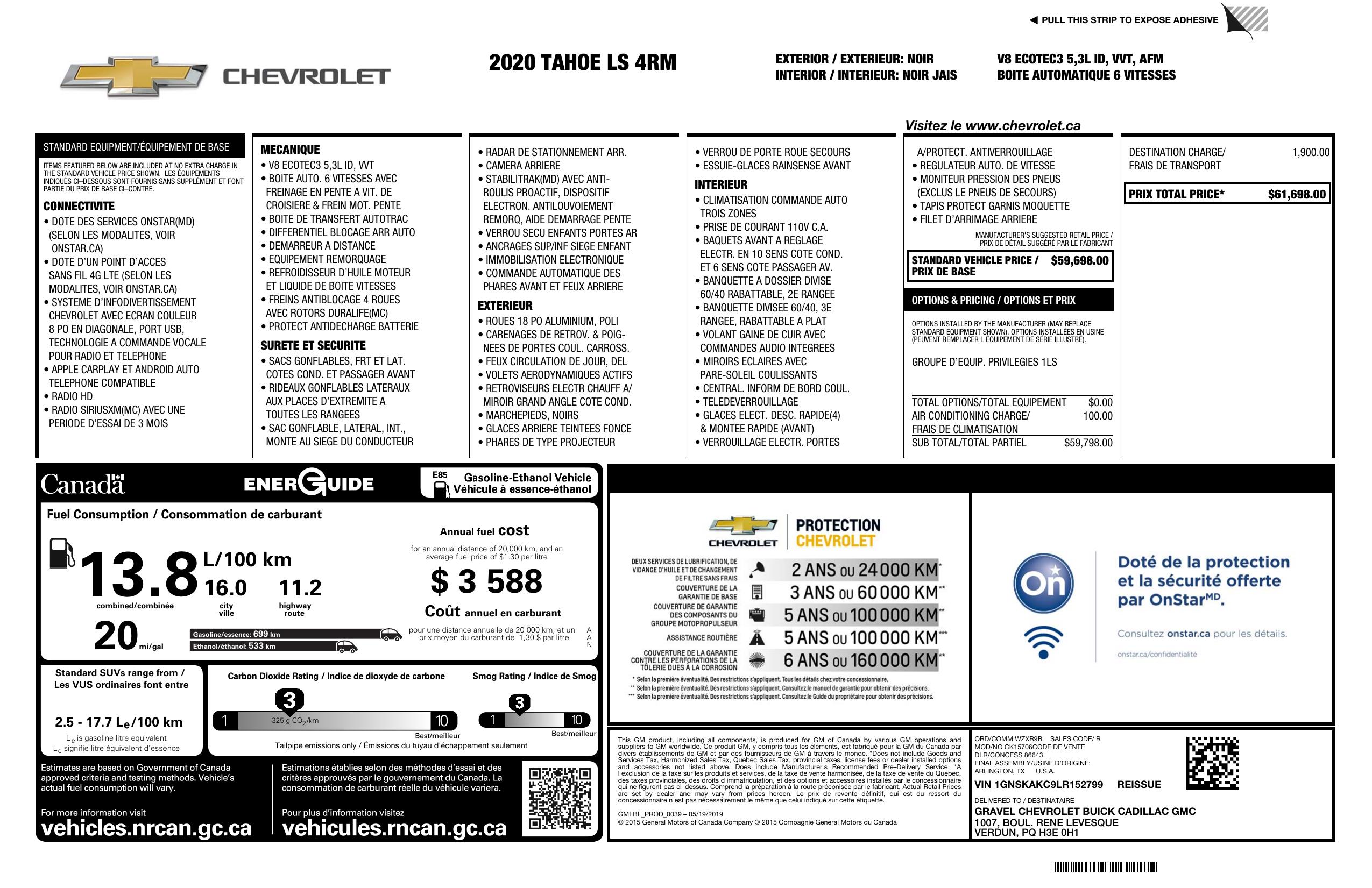 Window Sticker for 2020 Chevrolet Tahoe 4 Wd 4dr Ls