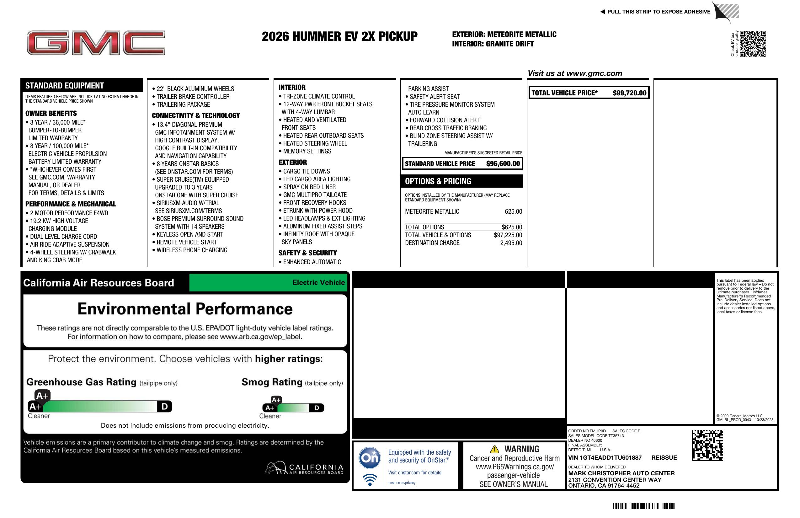 Window Sticker for 2026 GMC Hummer Ev Pickup E4 Wd Crew Cab 2 X W/3 Vl