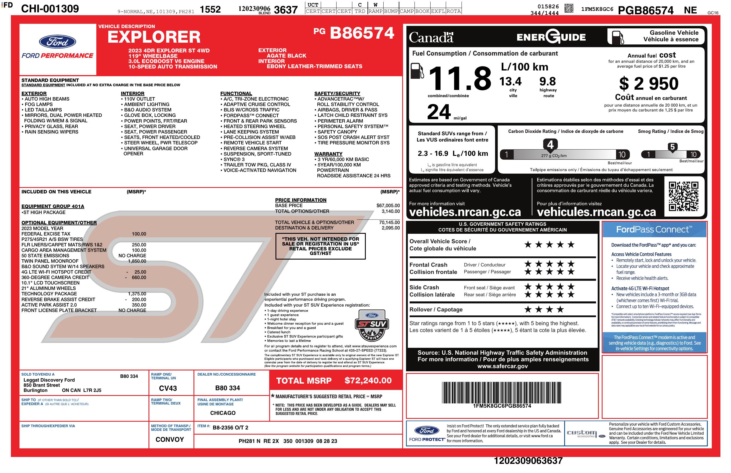 Window Sticker for 2023 Ford Explorer St 4 Wd