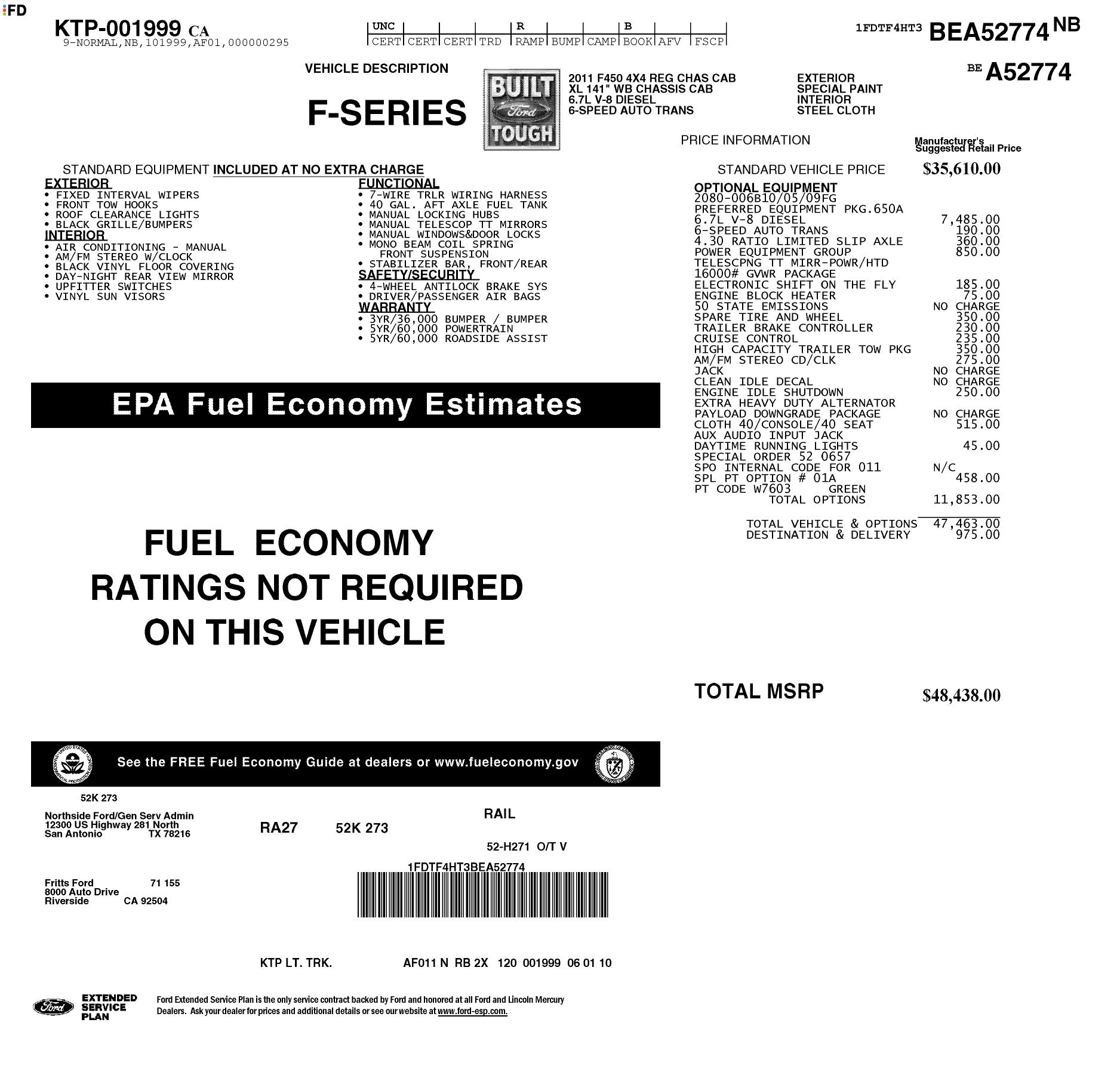 Window Sticker for 2011 Ford Super Duty F 450 Drw 4 Wd Reg Cab Wb Ca