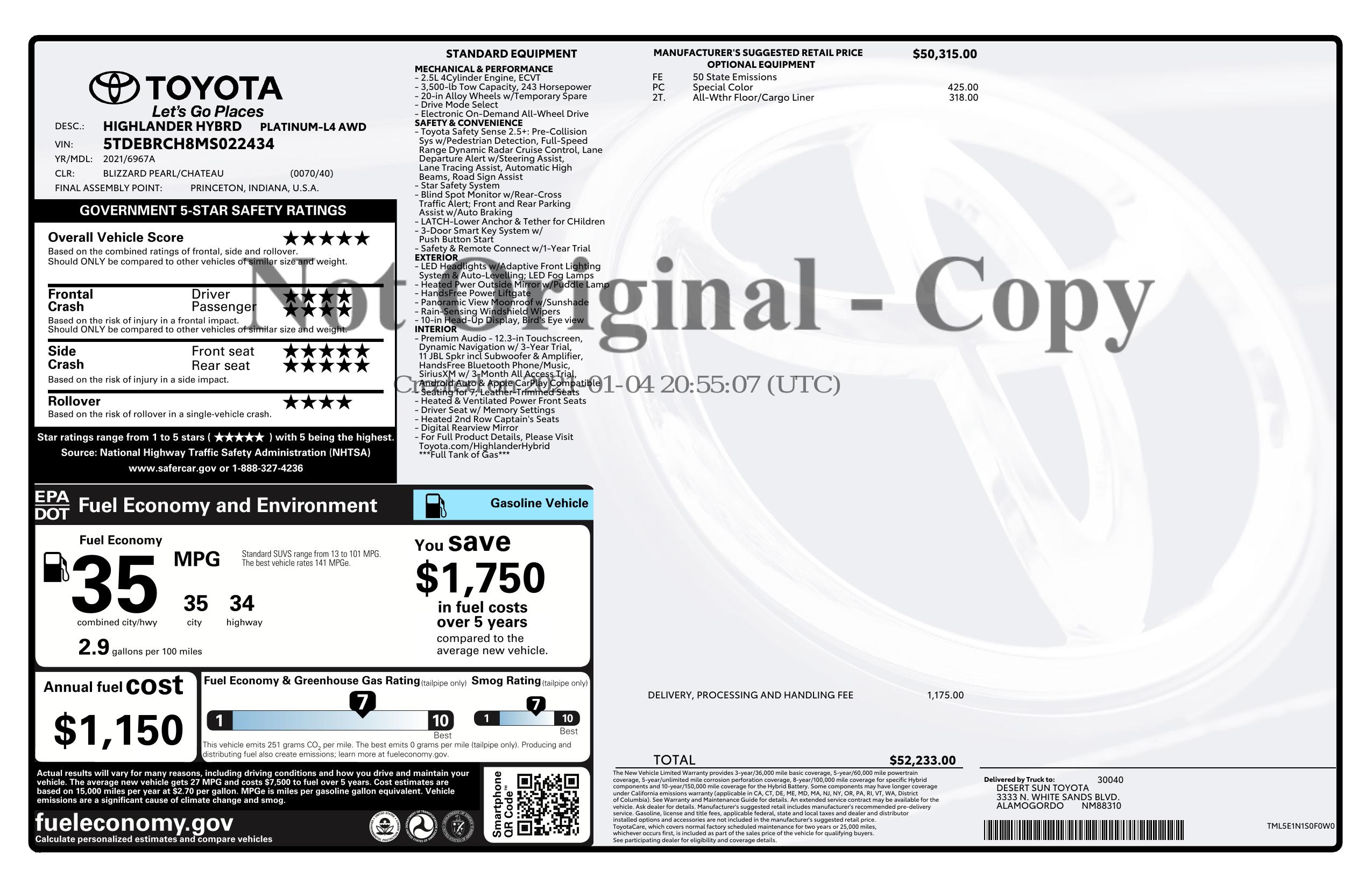 Window Sticker for 2021 Toyota Highlander Hybrid Platinum Awd (Natl)