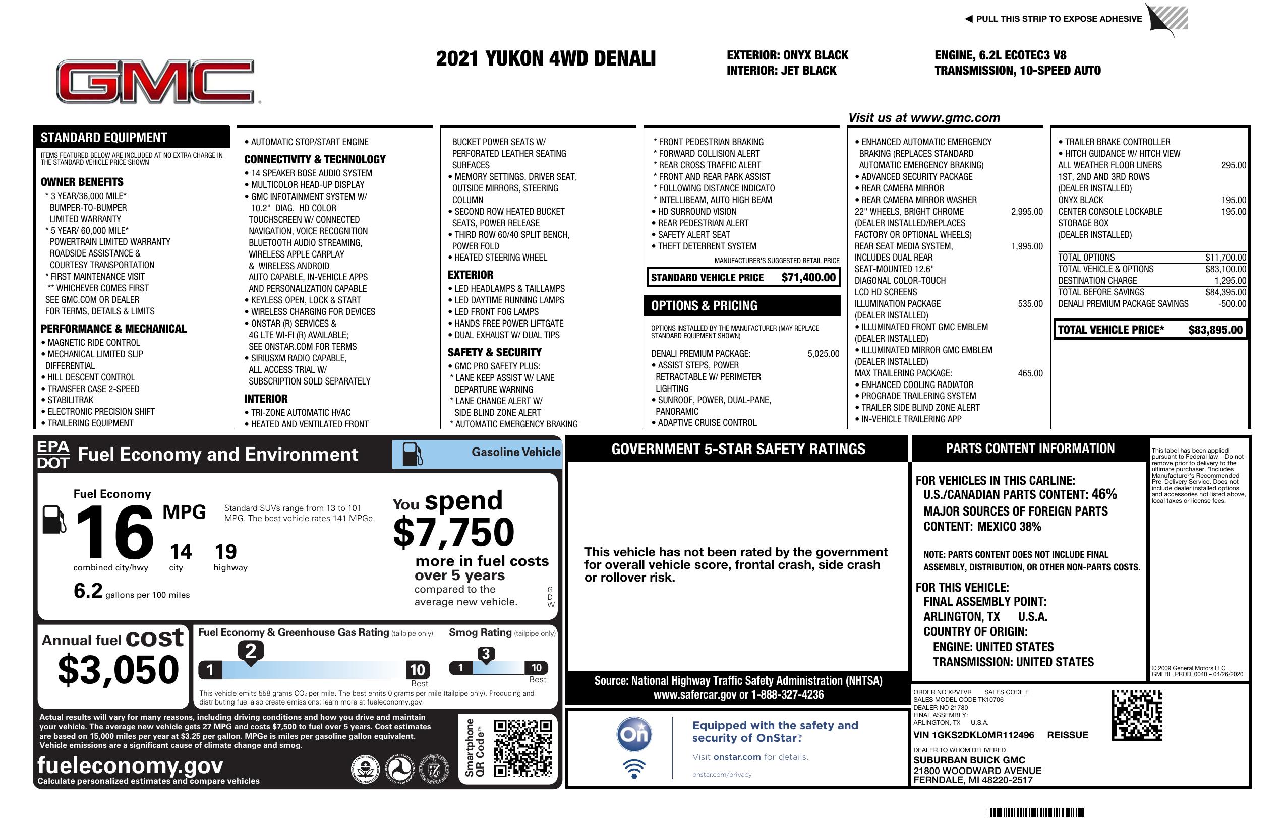 Window Sticker for 2021 GMC Yukon 4 Wd 4dr Denali