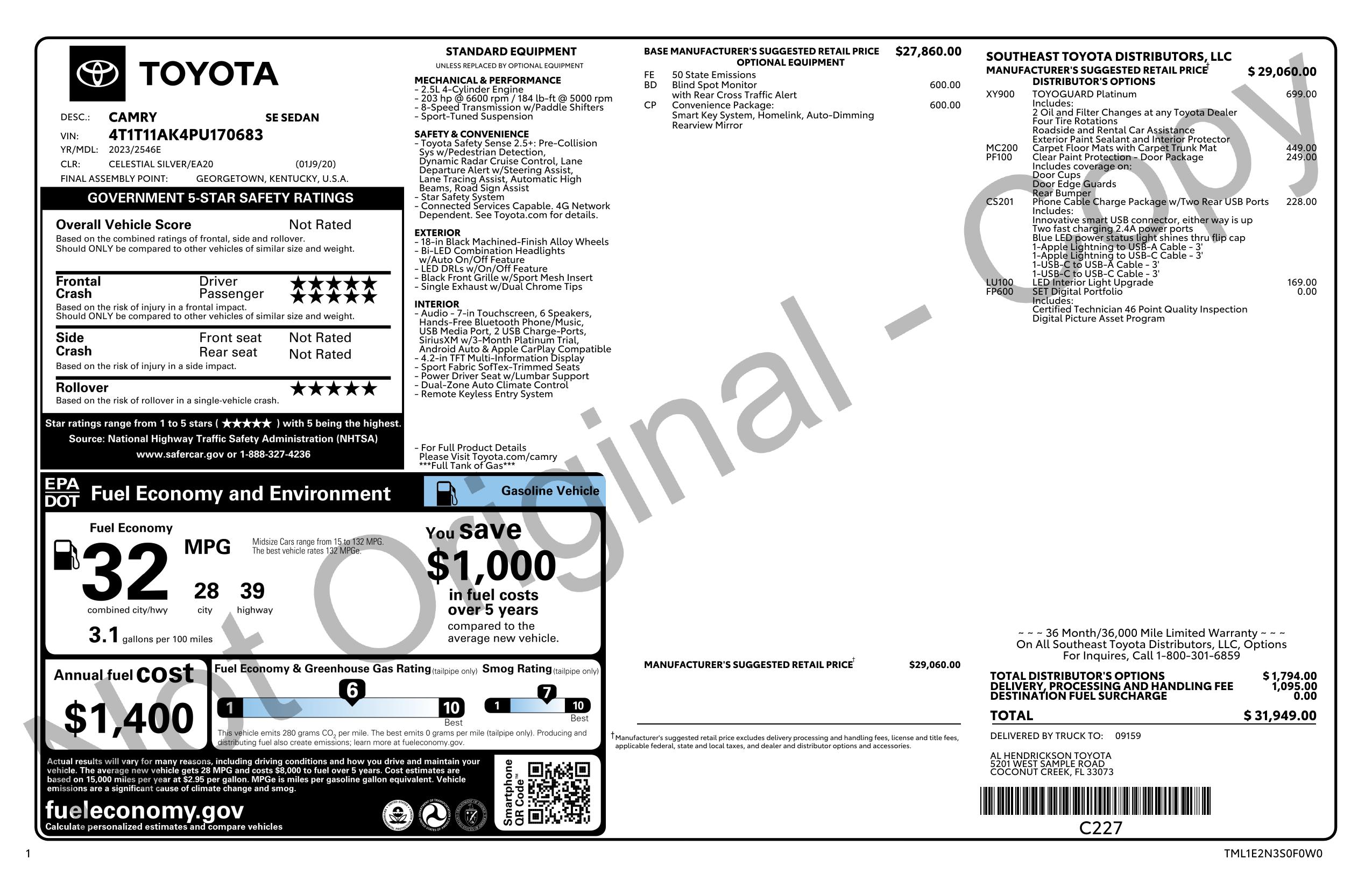 Window Sticker for 2023 Toyota Camry Se Auto (Natl)