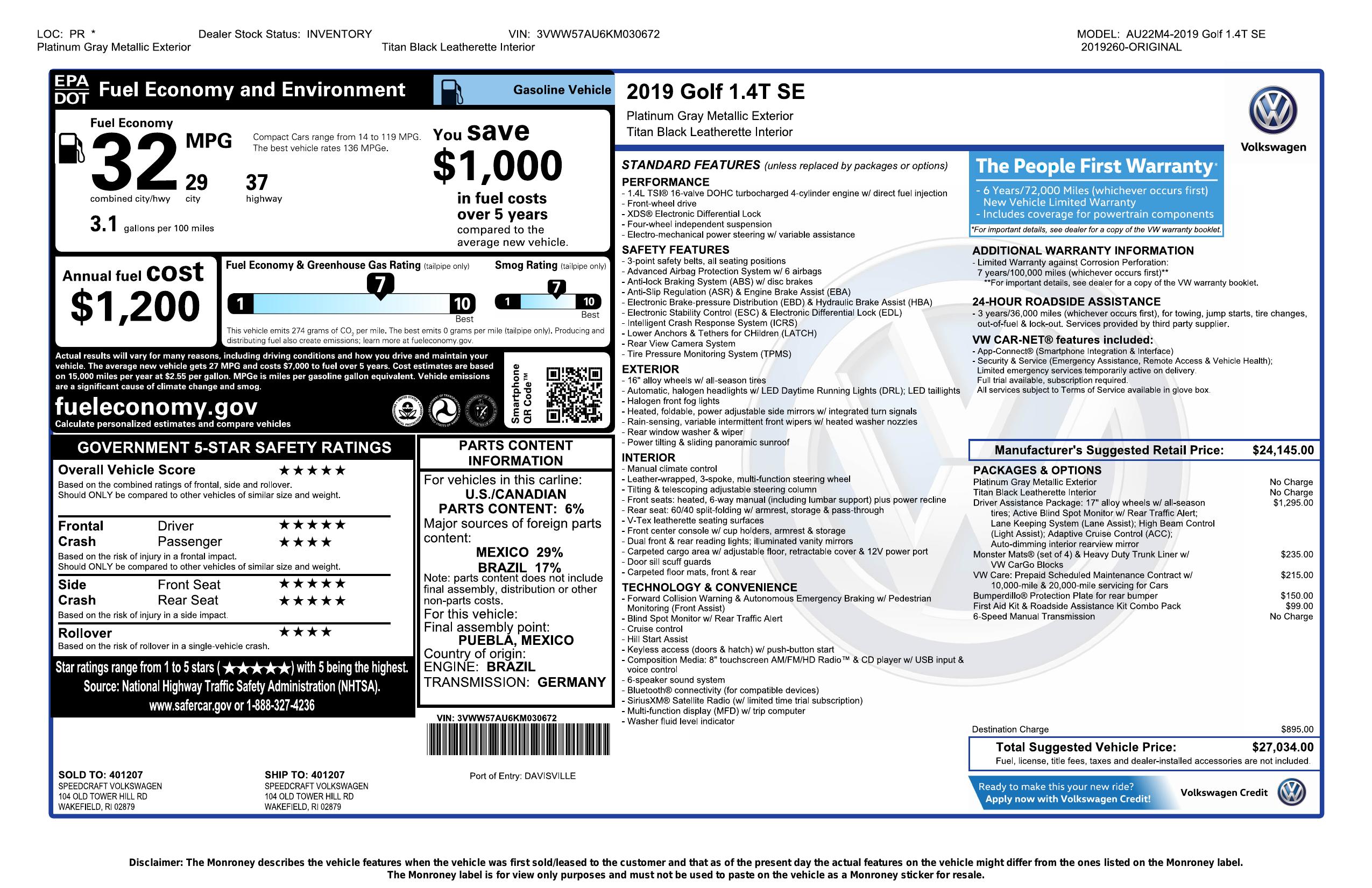 Window Sticker for 2019 Volkswagen Golf