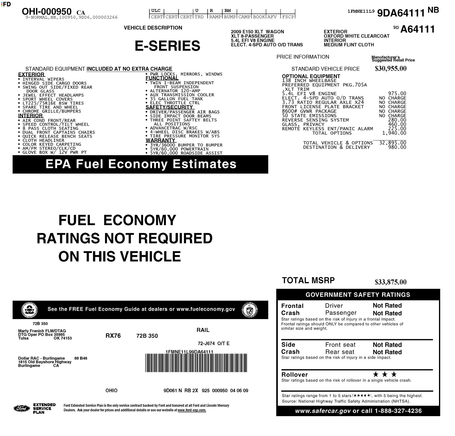 Window Sticker for 2009 Ford Econoline Wagon E 150