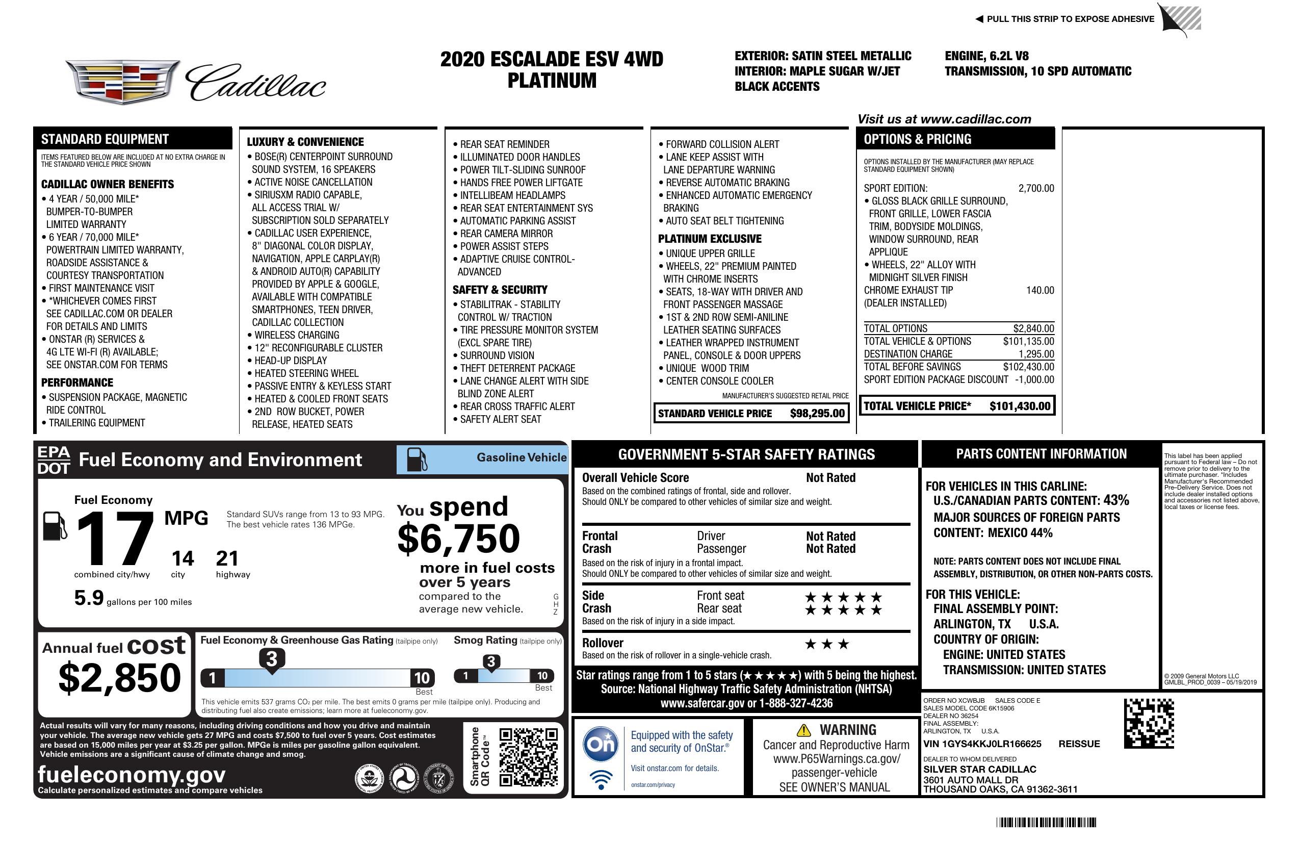 Window Sticker for 2020 Cadillac Escalade Esv 4 Wd 4dr Platinum
