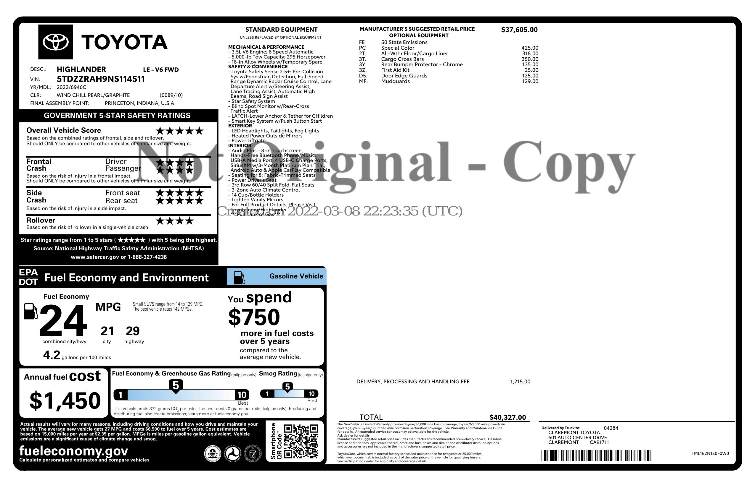 Window Sticker for 2022 Toyota Highlander Le Fwd (Natl)