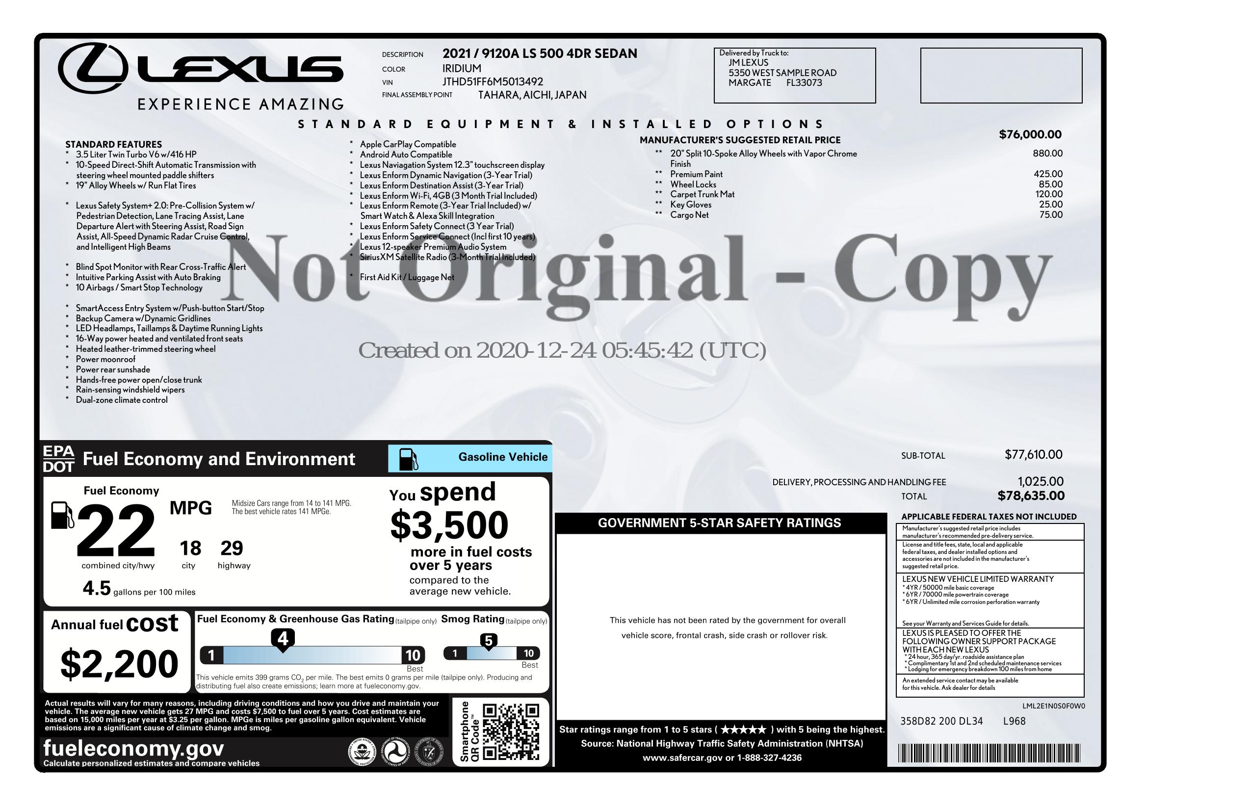 Window Sticker for 2021 Lexus Ls Ls 500 Rwd