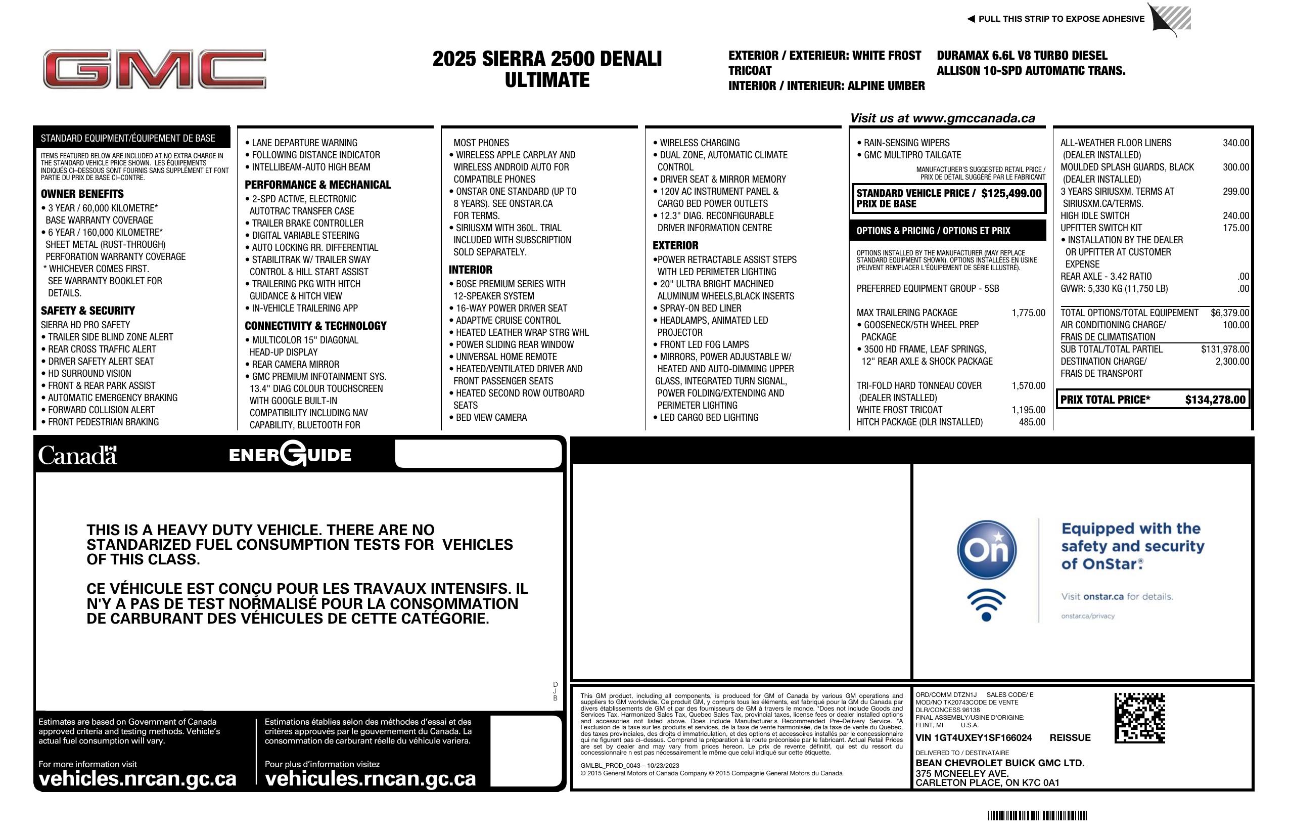 Window Sticker for 2025 GMC Sierra 2500 Hd 4 Wd Crew Cab Denali Ultimate