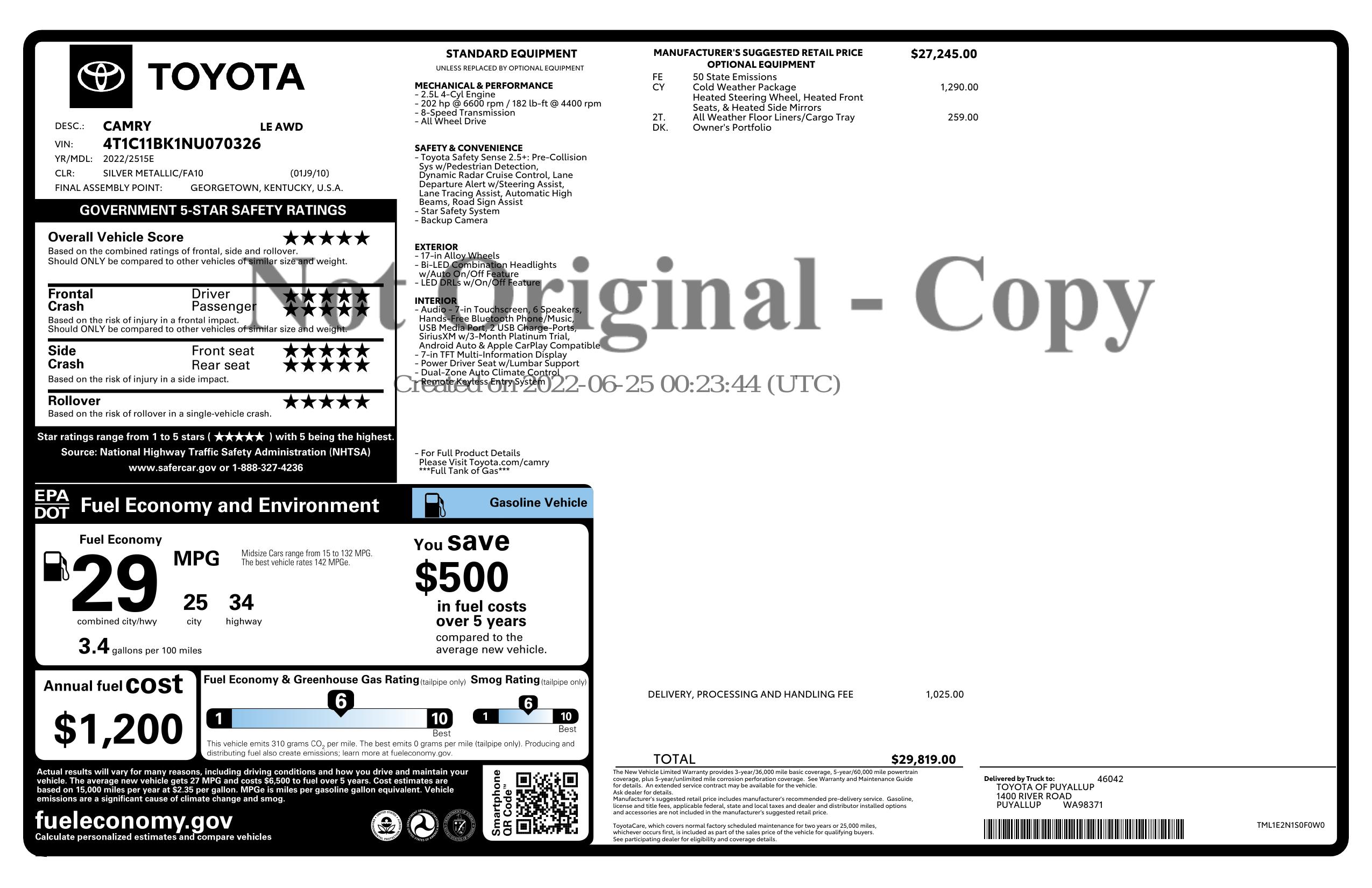 Window Sticker for 2022 Toyota Camry Le Auto Awd (Natl)
