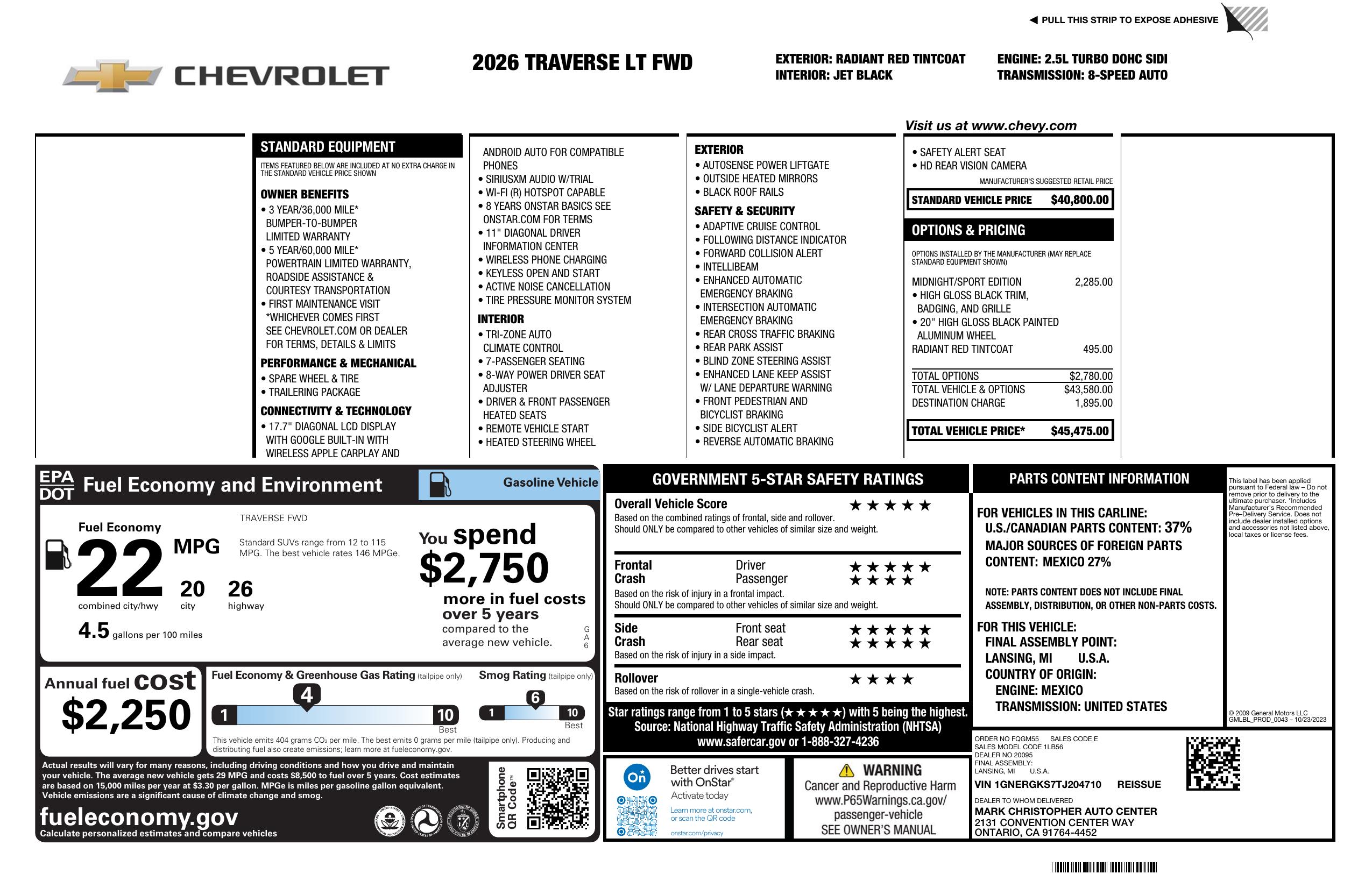 Window Sticker for 2026 Chevrolet Traverse Fwd 4dr Lt W/1 Lt