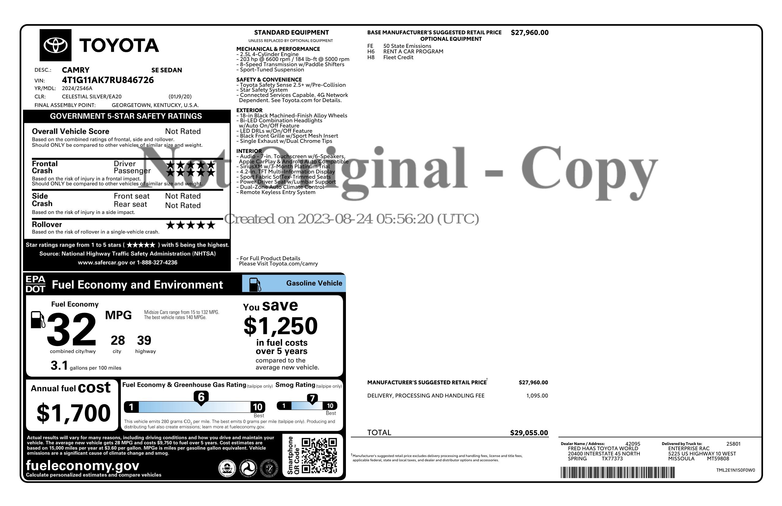 Window Sticker for 2024 Toyota Camry Se Auto (Natl)