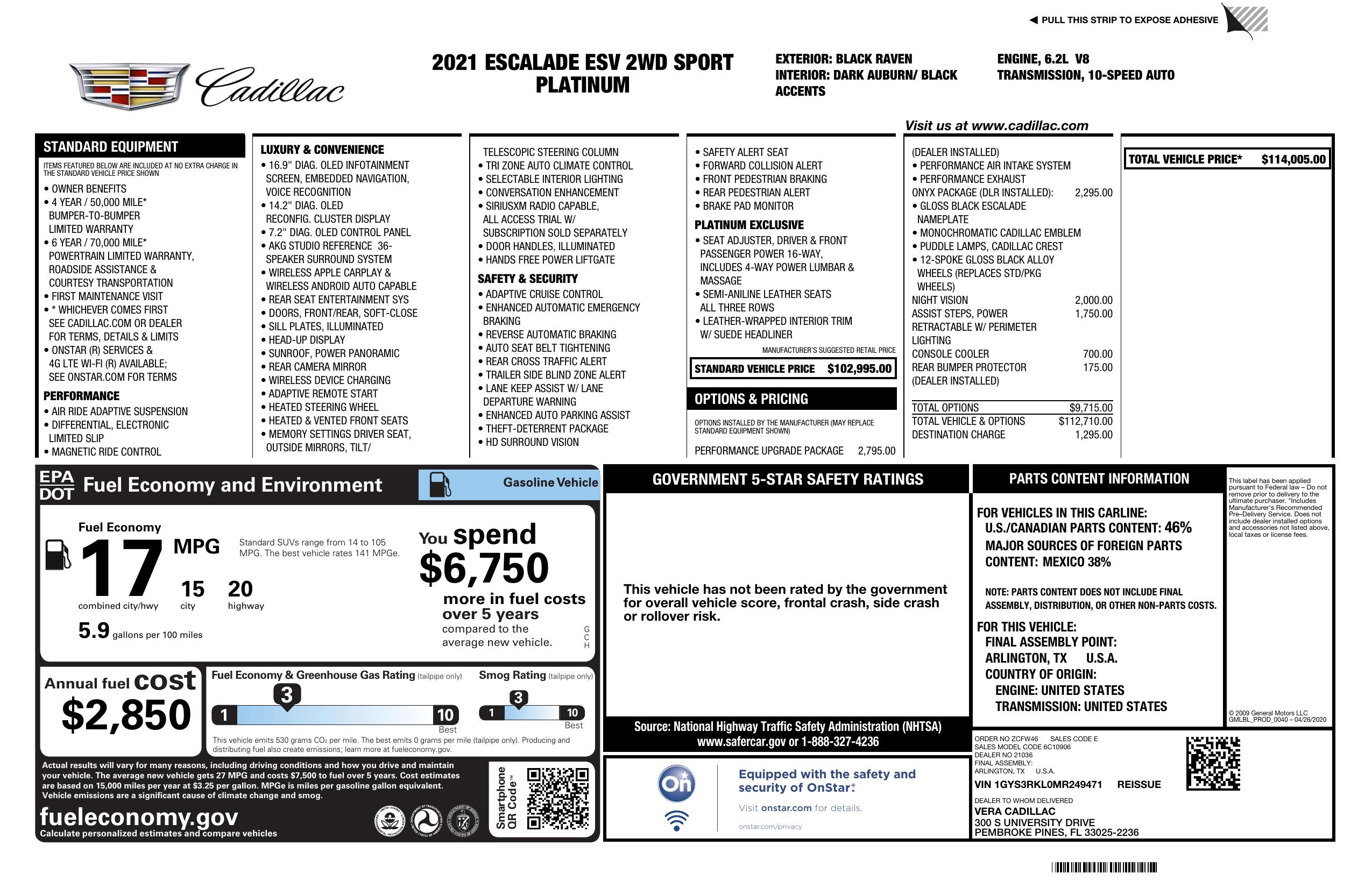Window Sticker for 2021 Cadillac Escalade Esv 2 Wd 4dr Sport Platinum