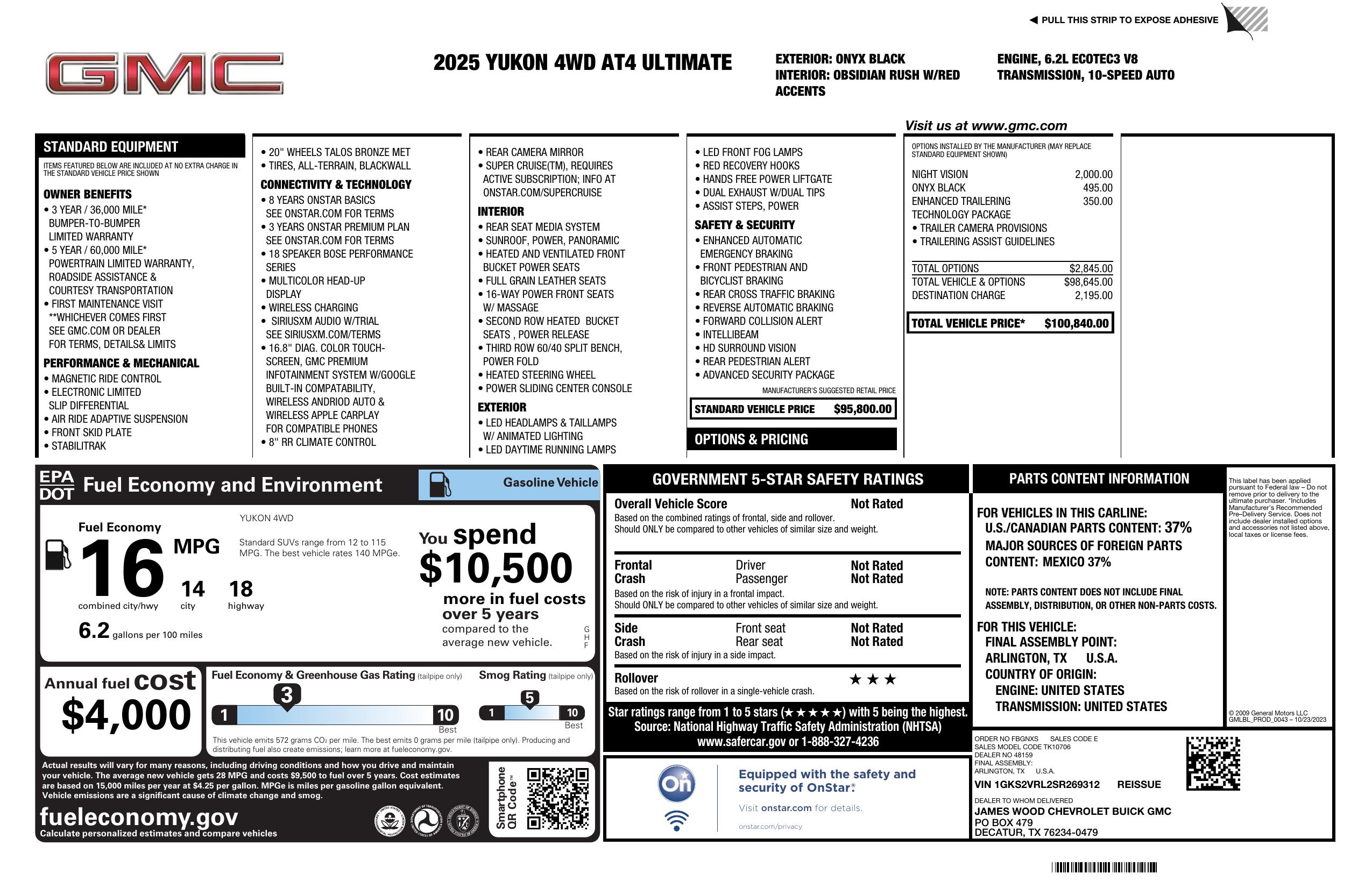 Window Sticker for 2025 GMC Yukon 4 Wd 4dr At4 Ultimate