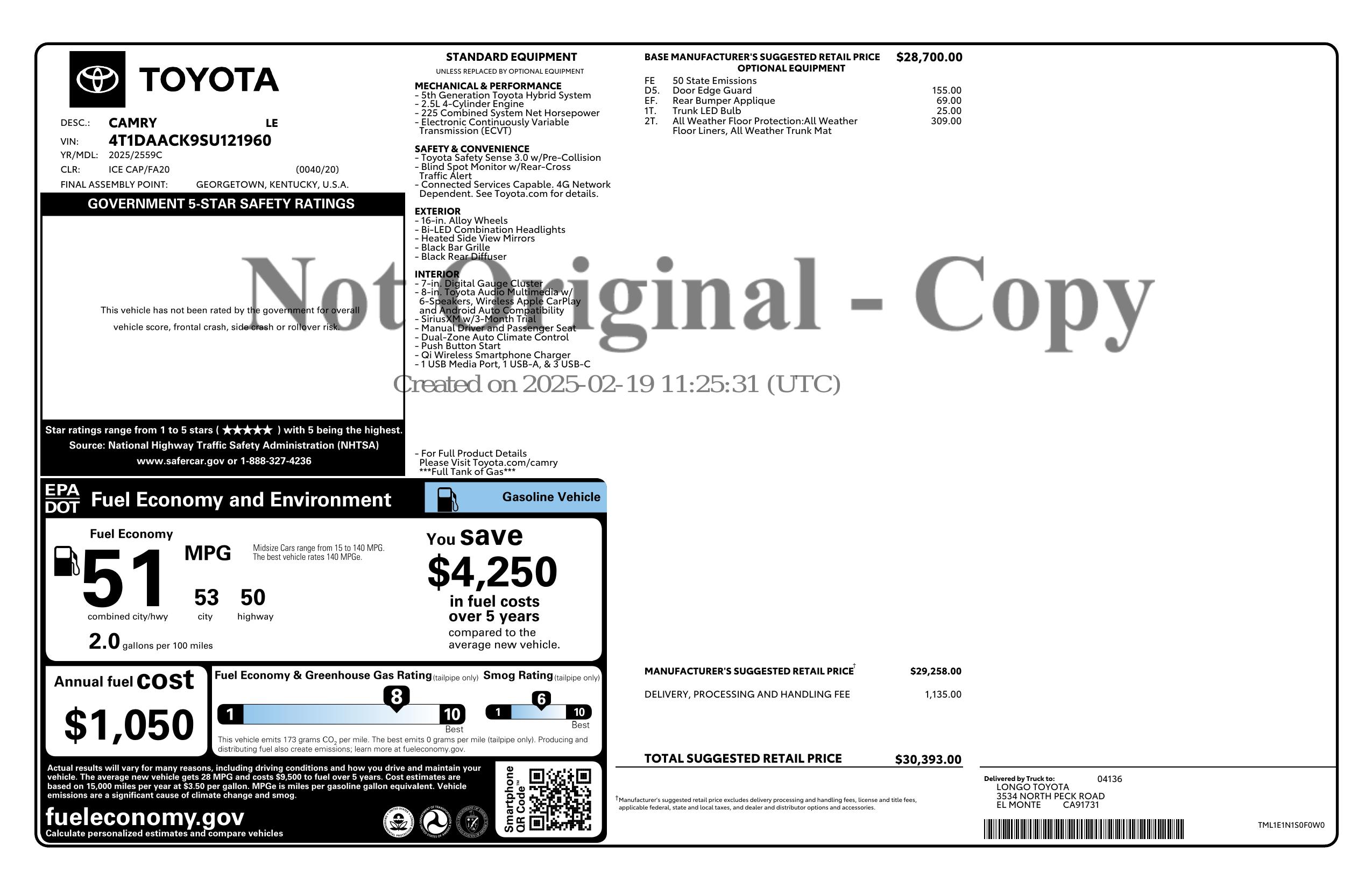 Window Sticker for 2025 Toyota Camry (Natl)