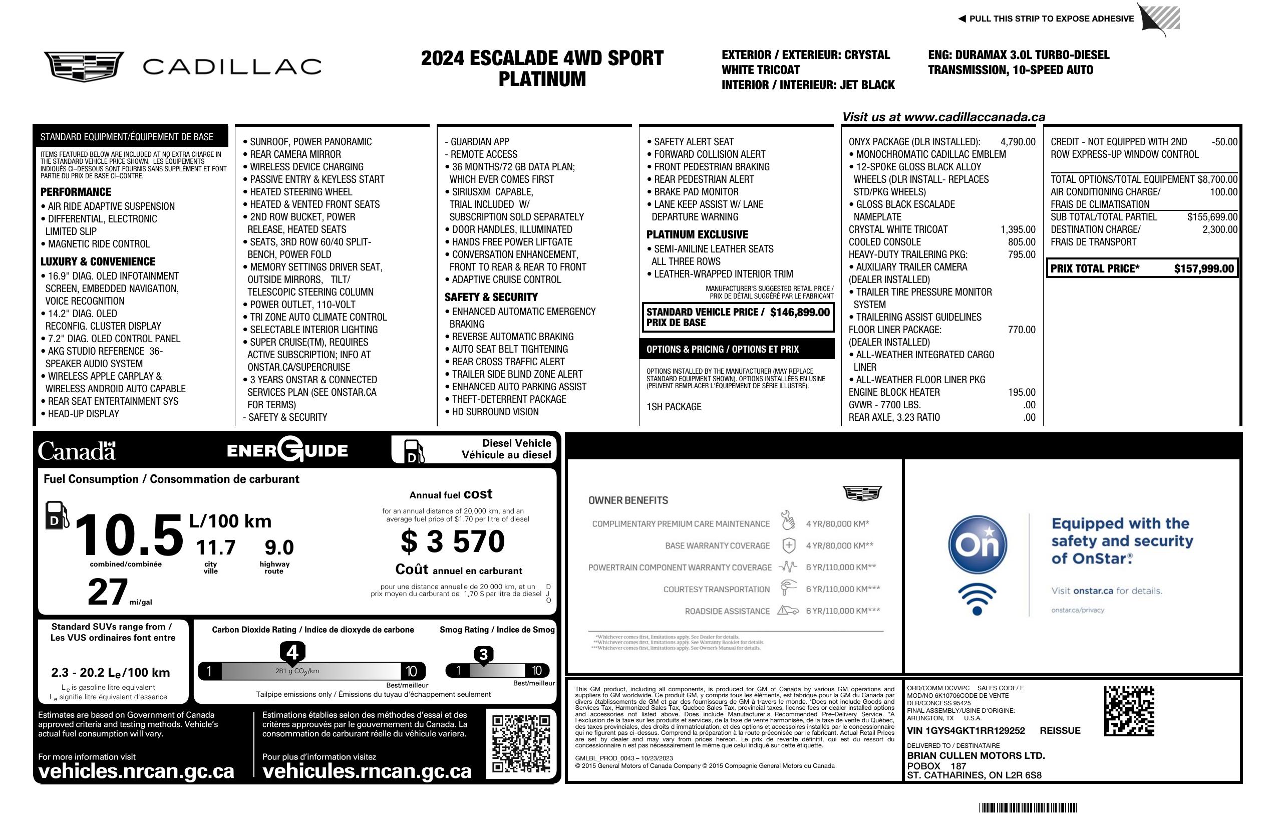 Window Sticker for 2024 Cadillac Escalade 4 Wd 4dr Sport Platinum