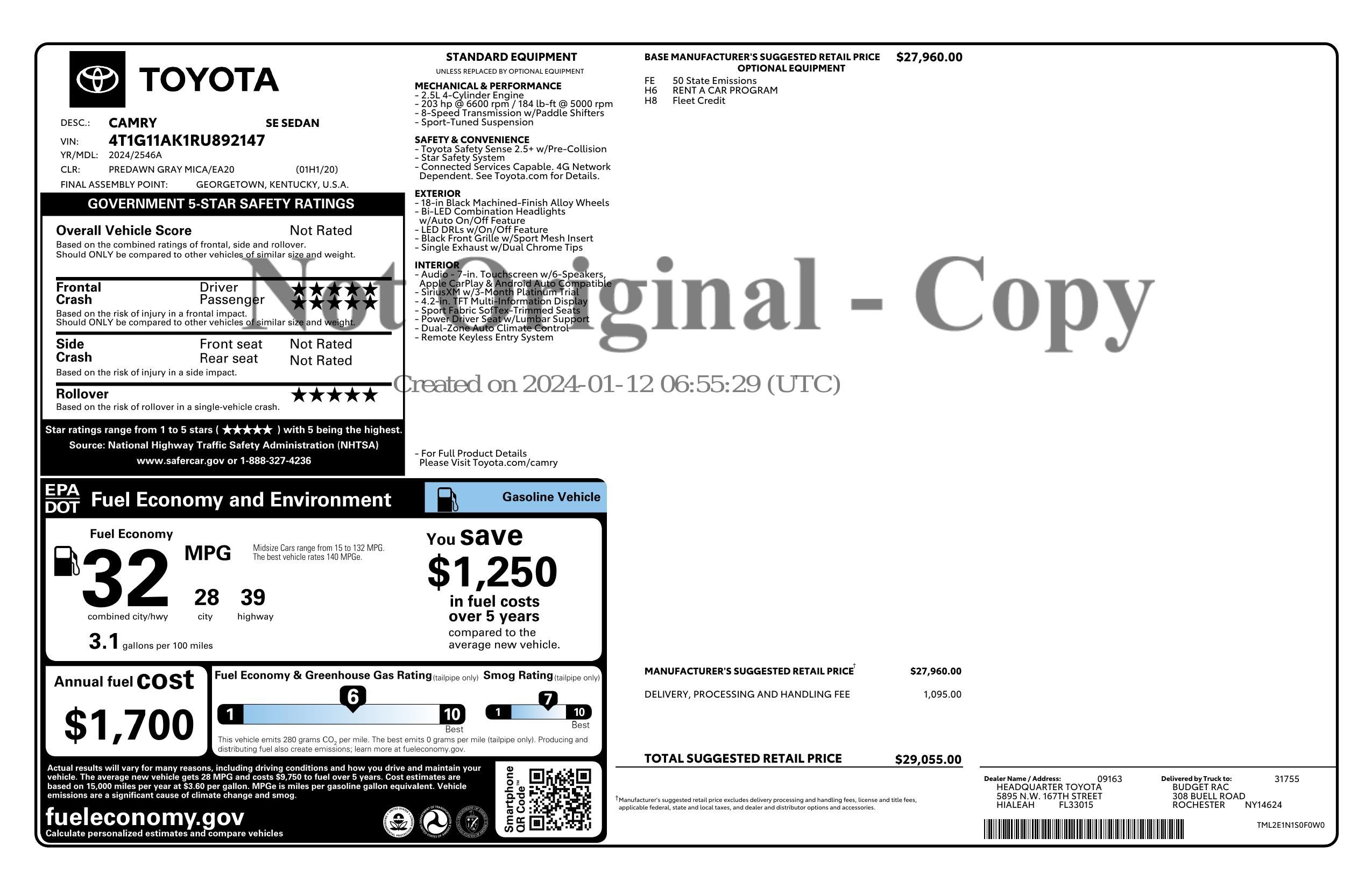 Window Sticker for 2024 Toyota Camry Se Auto (Natl)