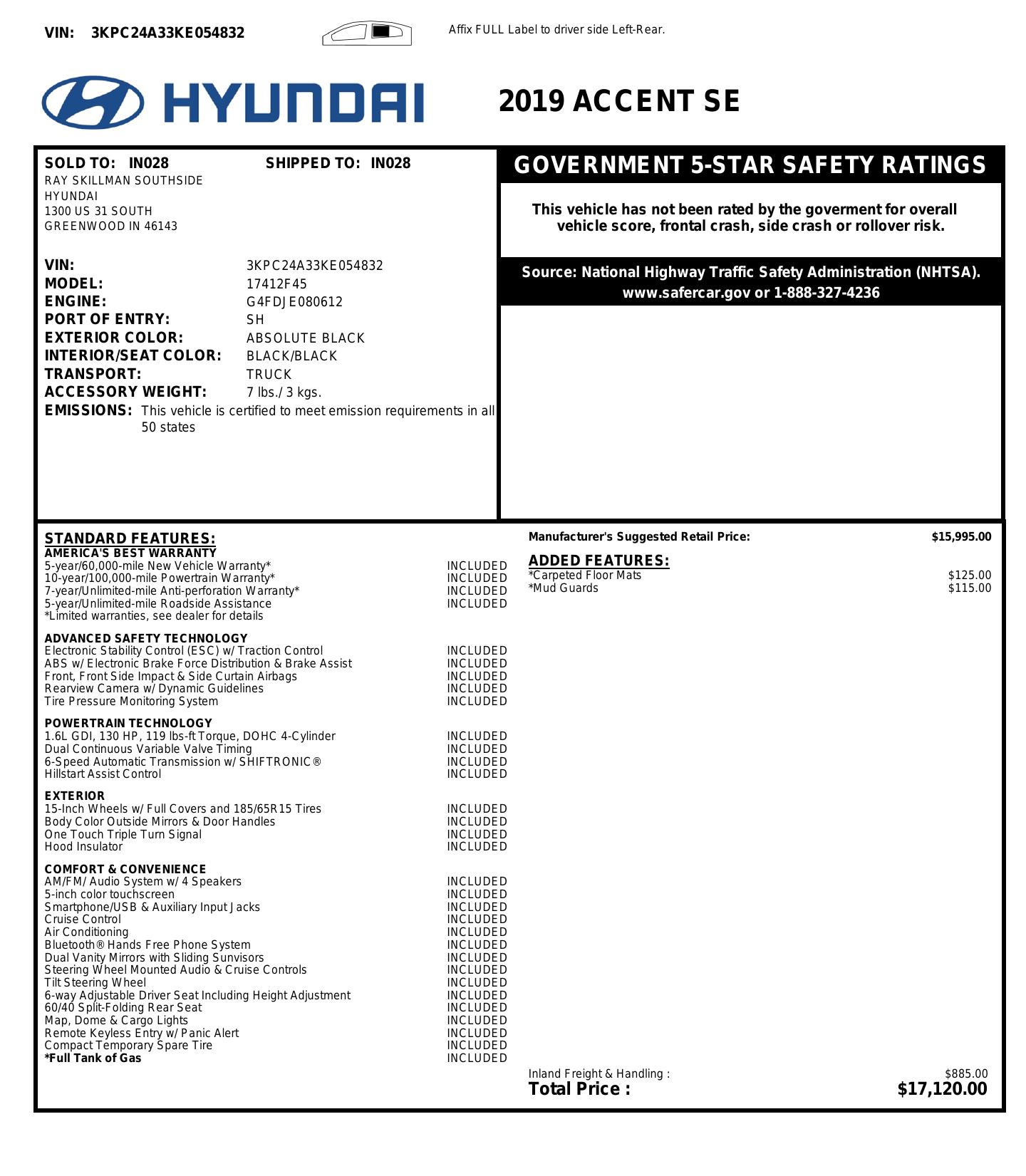 Window Sticker for 2019 Hyundai Accent Se