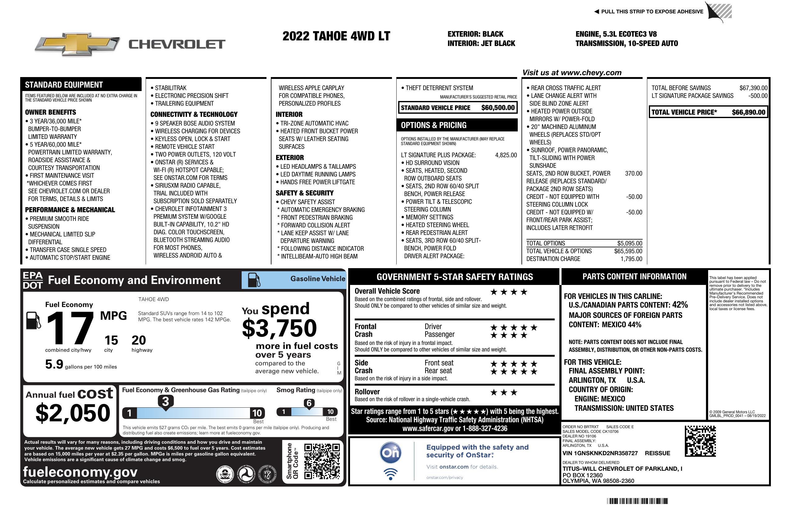 Window Sticker for 2022 Chevrolet Tahoe 4 Wd 4dr Lt