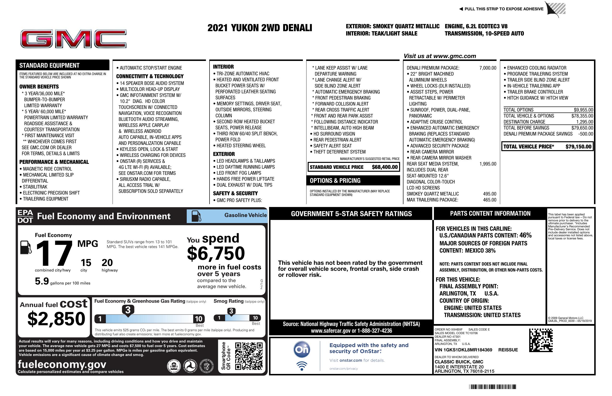 Window Sticker for 2021 GMC Yukon 2 Wd 4dr Denali