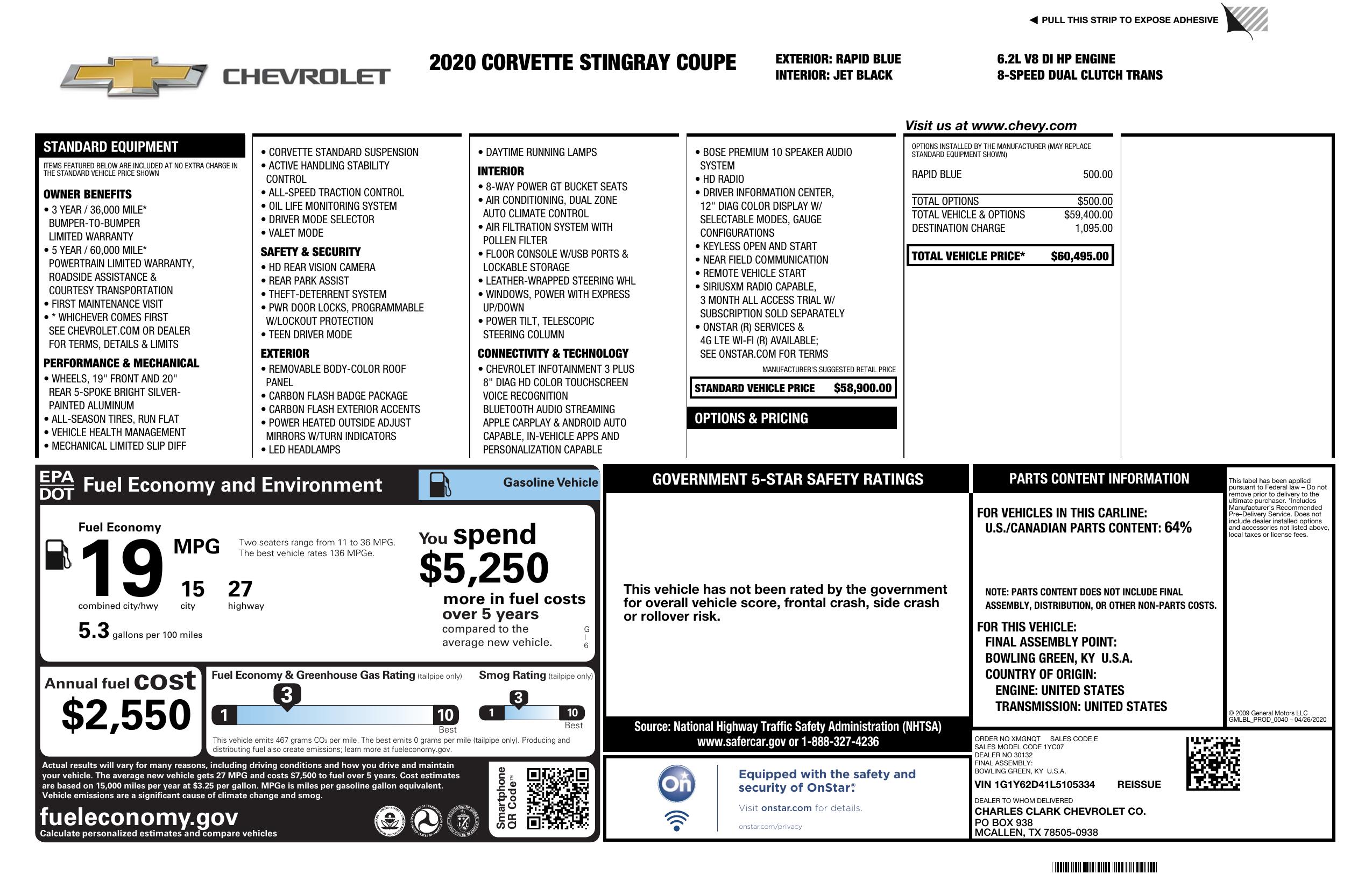 Window Sticker for 2020 Chevrolet Corvette 2dr Stingray Cpe W/1 Lt