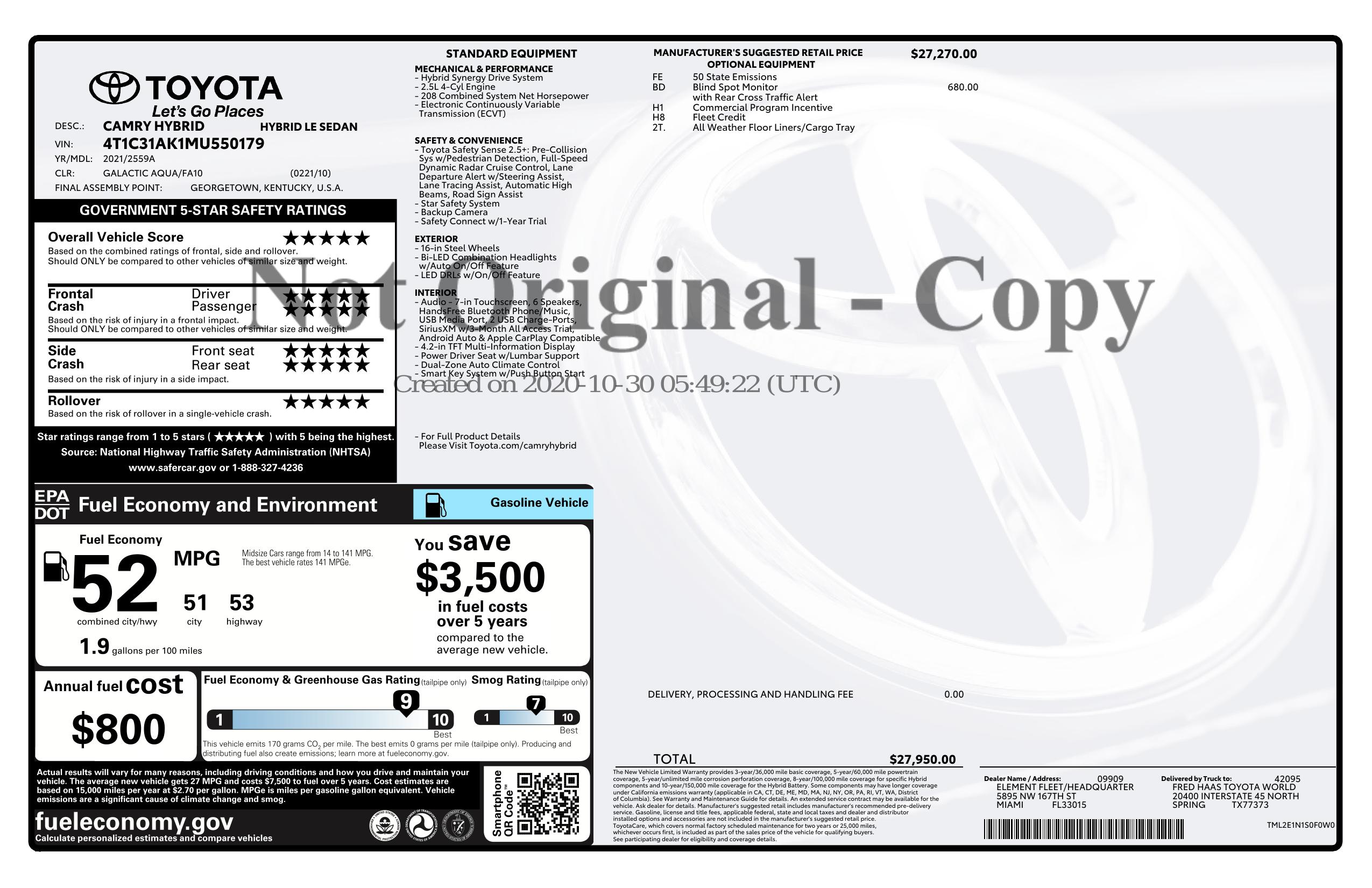 Window Sticker for 2021 Toyota Camry Hybrid Le Cvt (Natl)