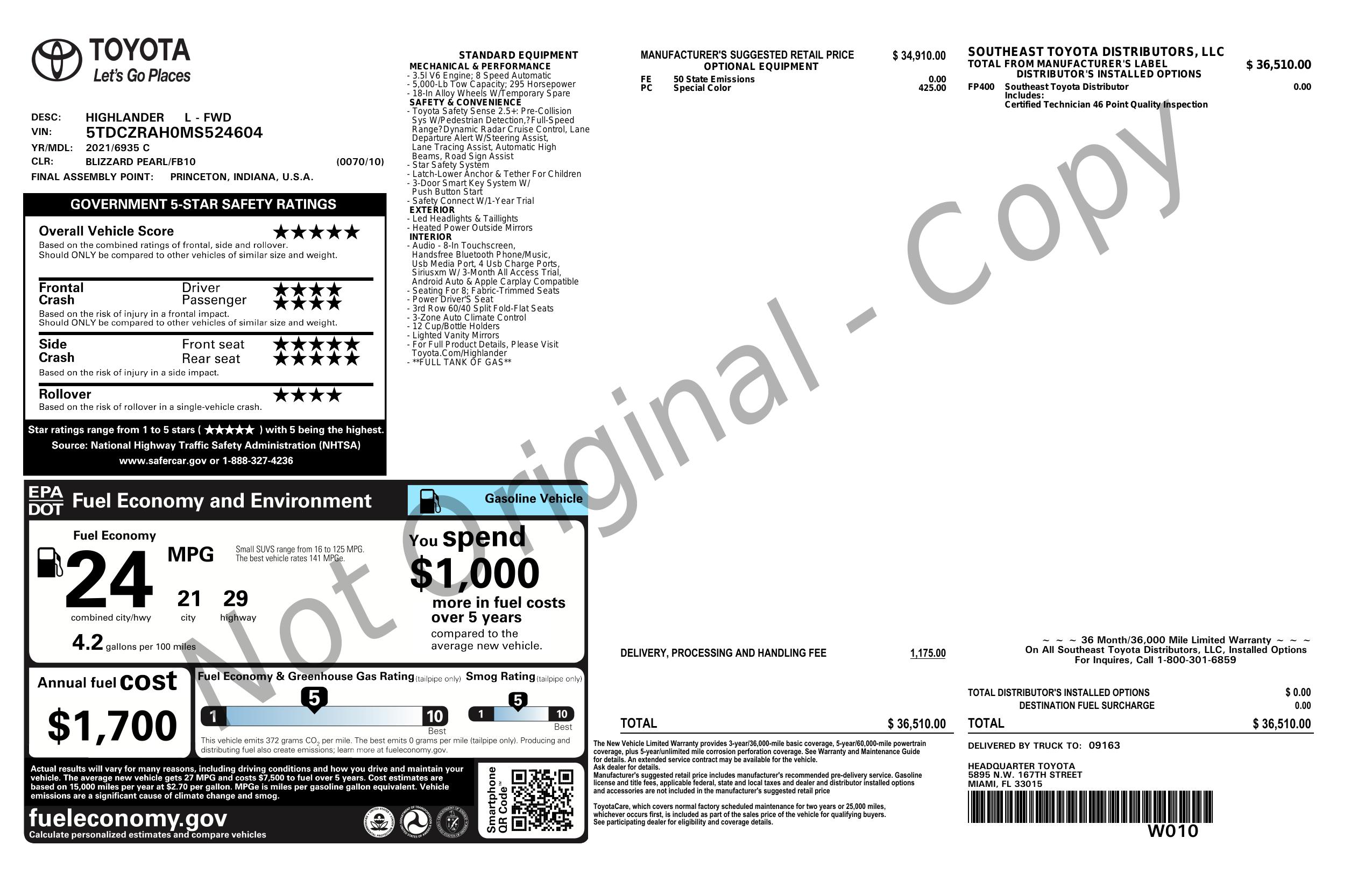 Window Sticker for 2021 Toyota Highlander L Fwd (Natl)