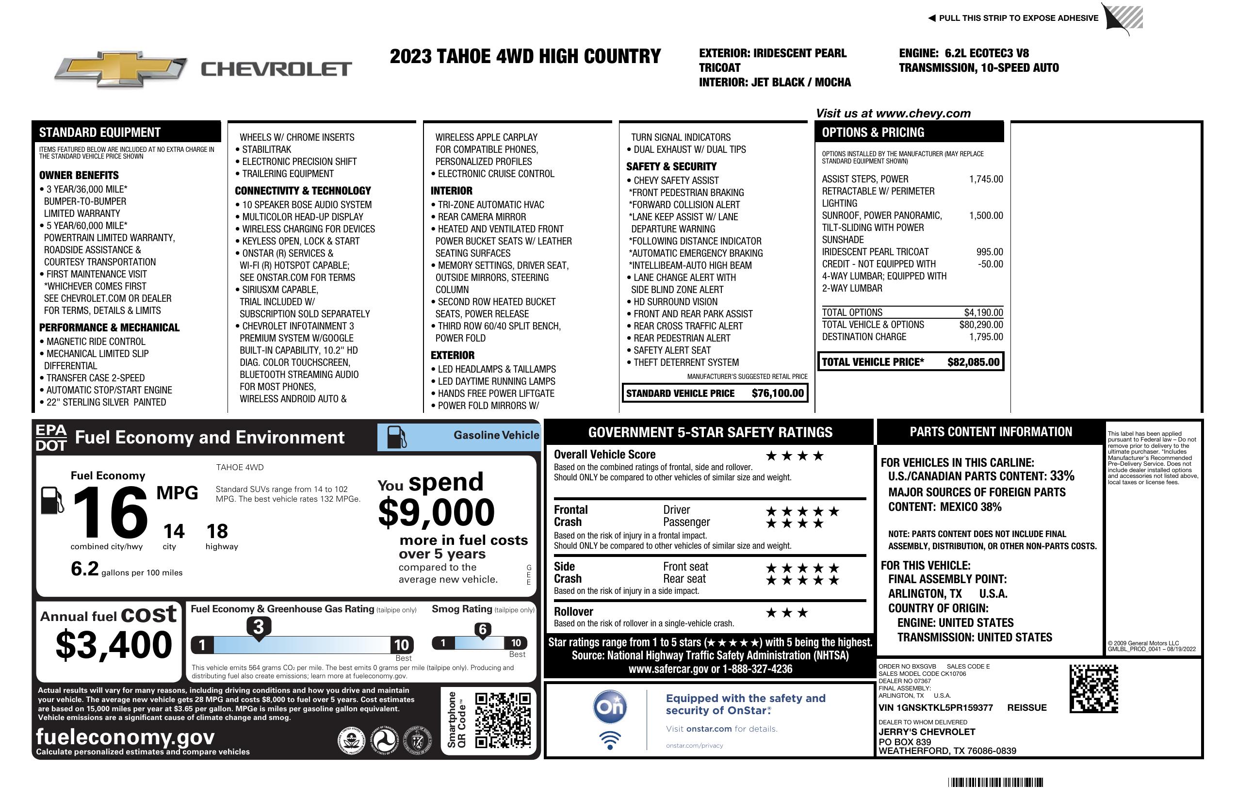 Window Sticker for 2023 Chevrolet Tahoe 4 Wd 4dr High Country