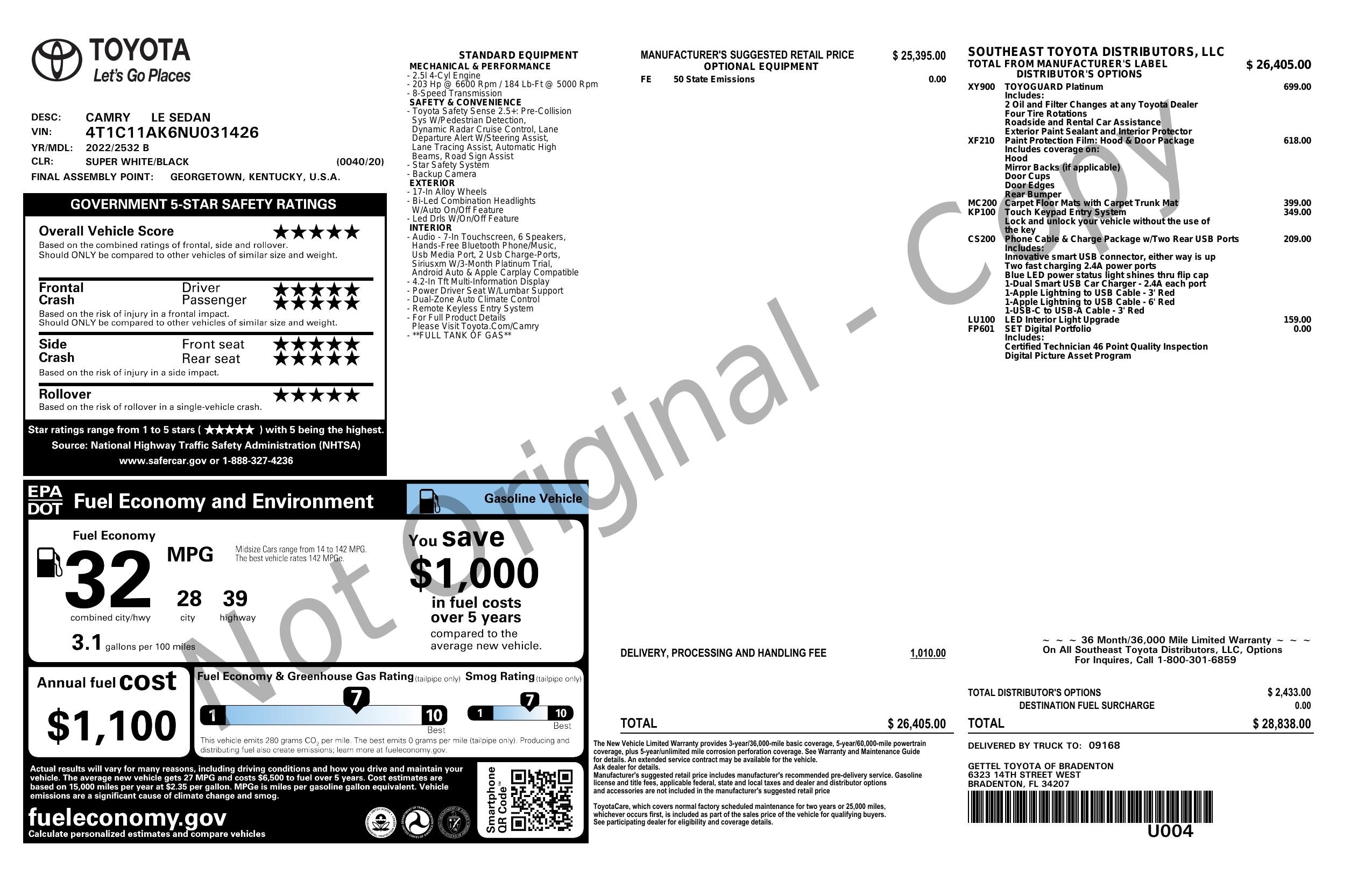 Window Sticker for 2022 Toyota Camry Le Auto (Natl)