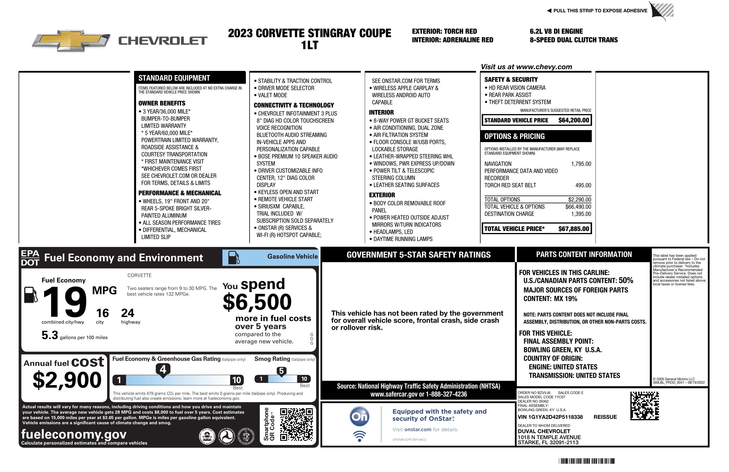 Window Sticker for 2023 Chevrolet Corvette 2dr Stingray Cpe W/1 Lt