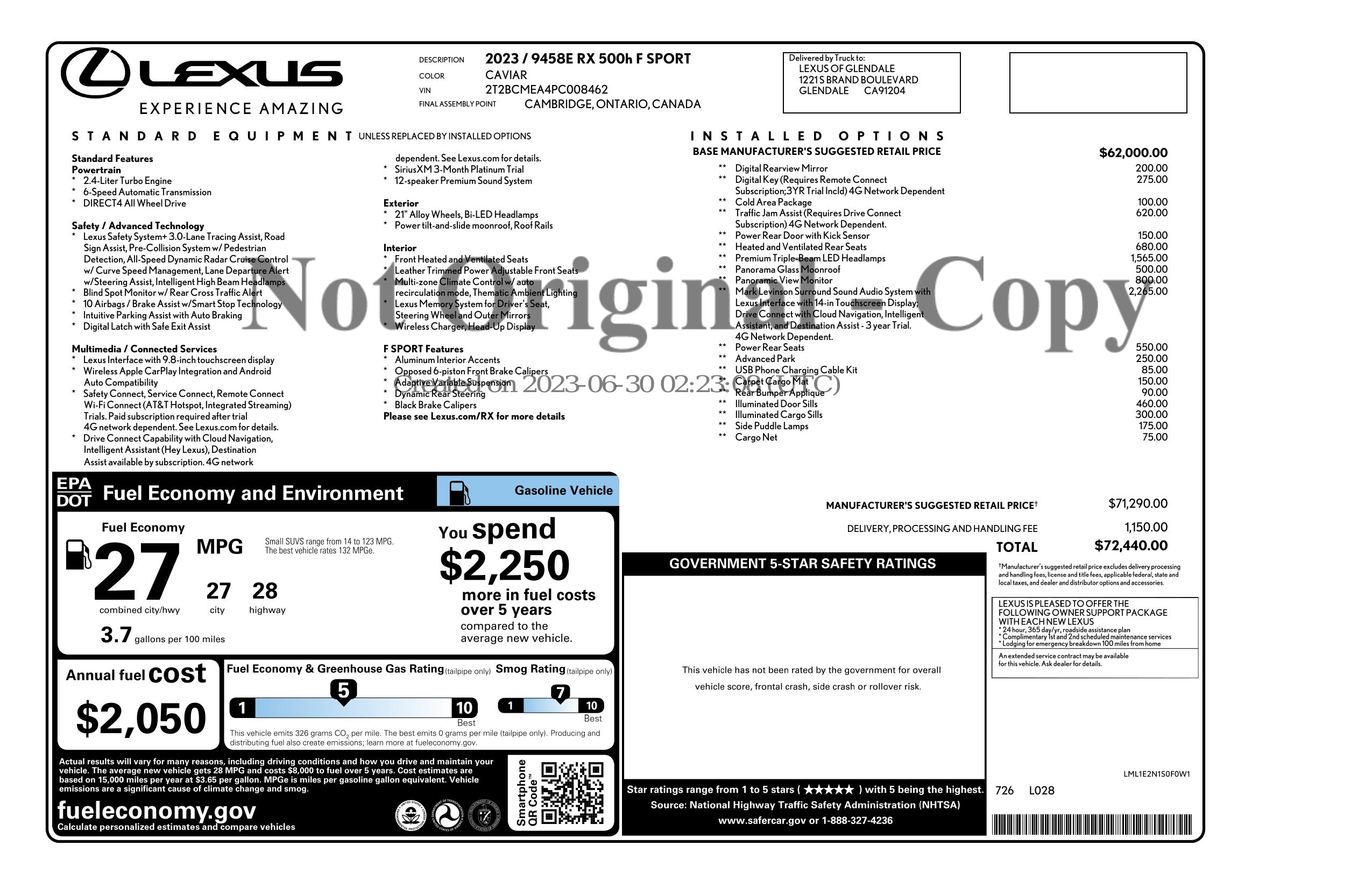 Window Sticker for 2023 Lexus Rx Rx 500h F Sport Performance Awd