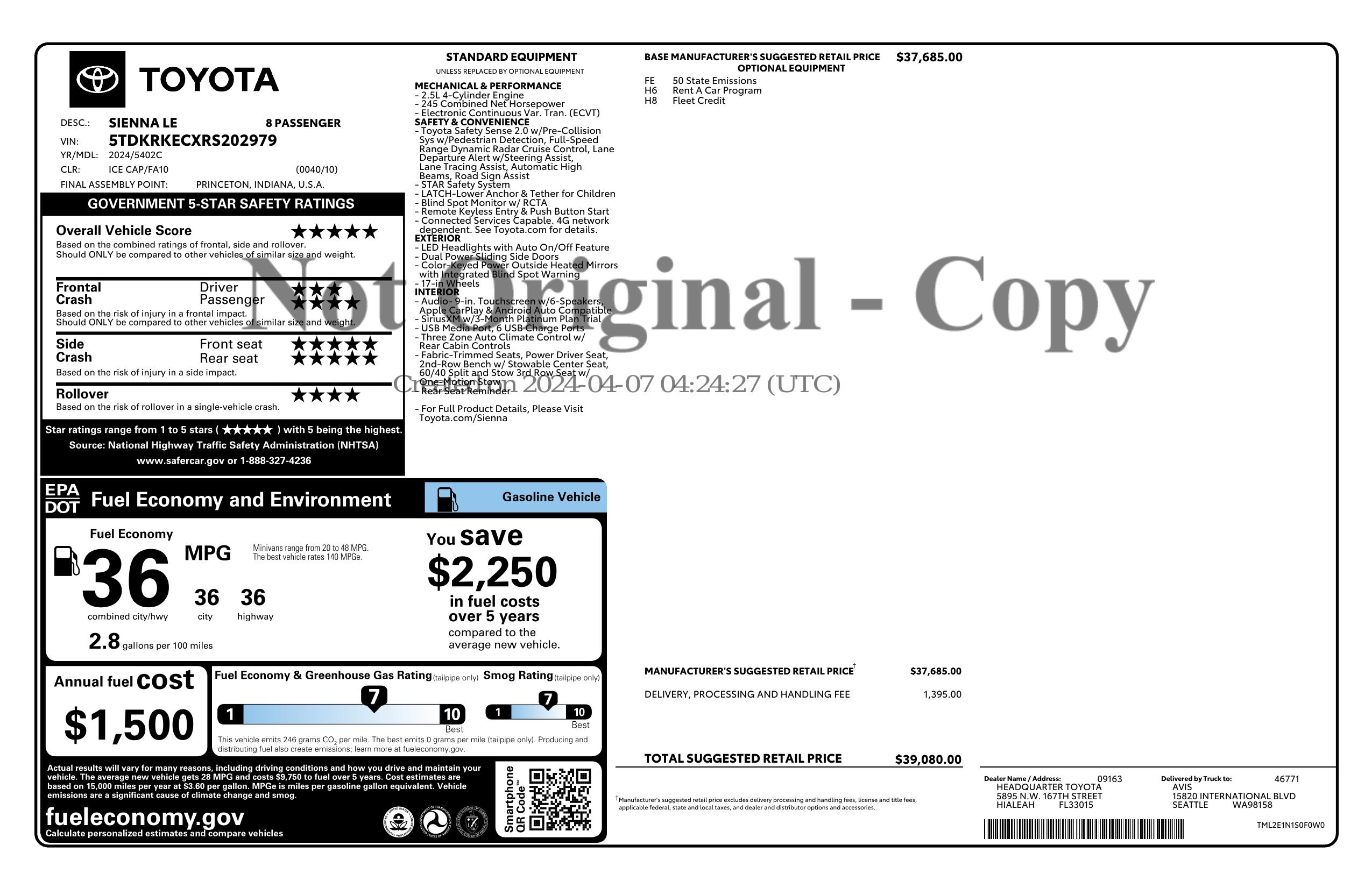 Window Sticker for 2024 Toyota Sienna Le Fwd 8 Passenger (Natl)