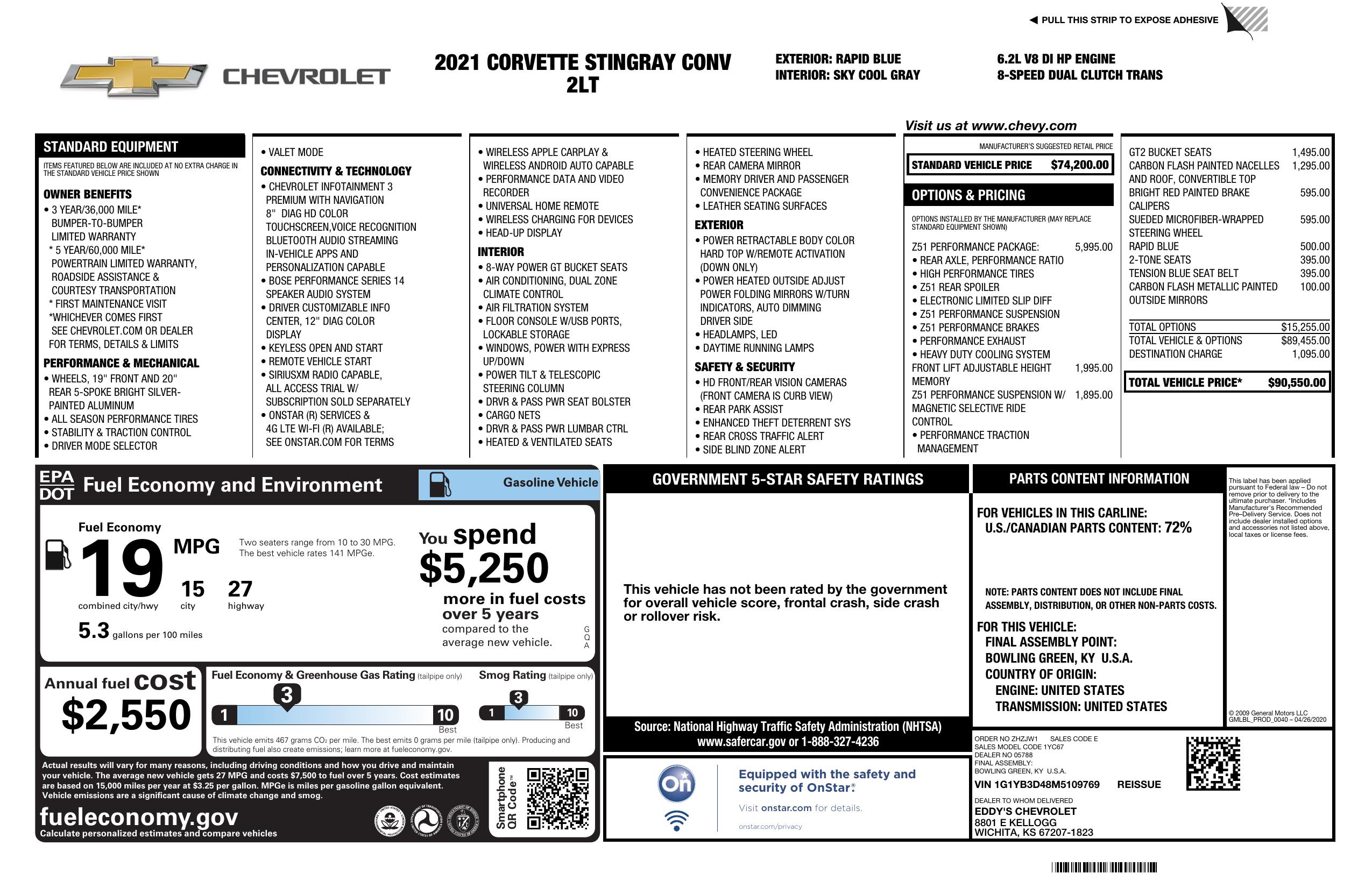 Window Sticker for 2021 Chevrolet Corvette 2dr Stingray Conv W/2 Lt