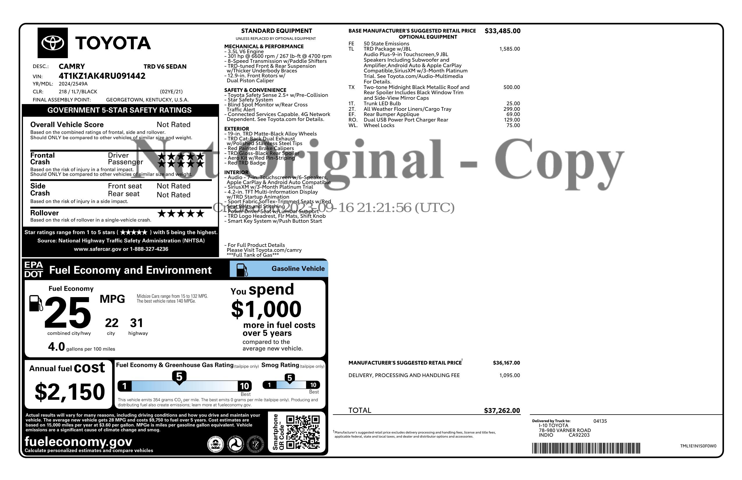 Window Sticker for 2024 Toyota Camry V6 Auto (Natl)