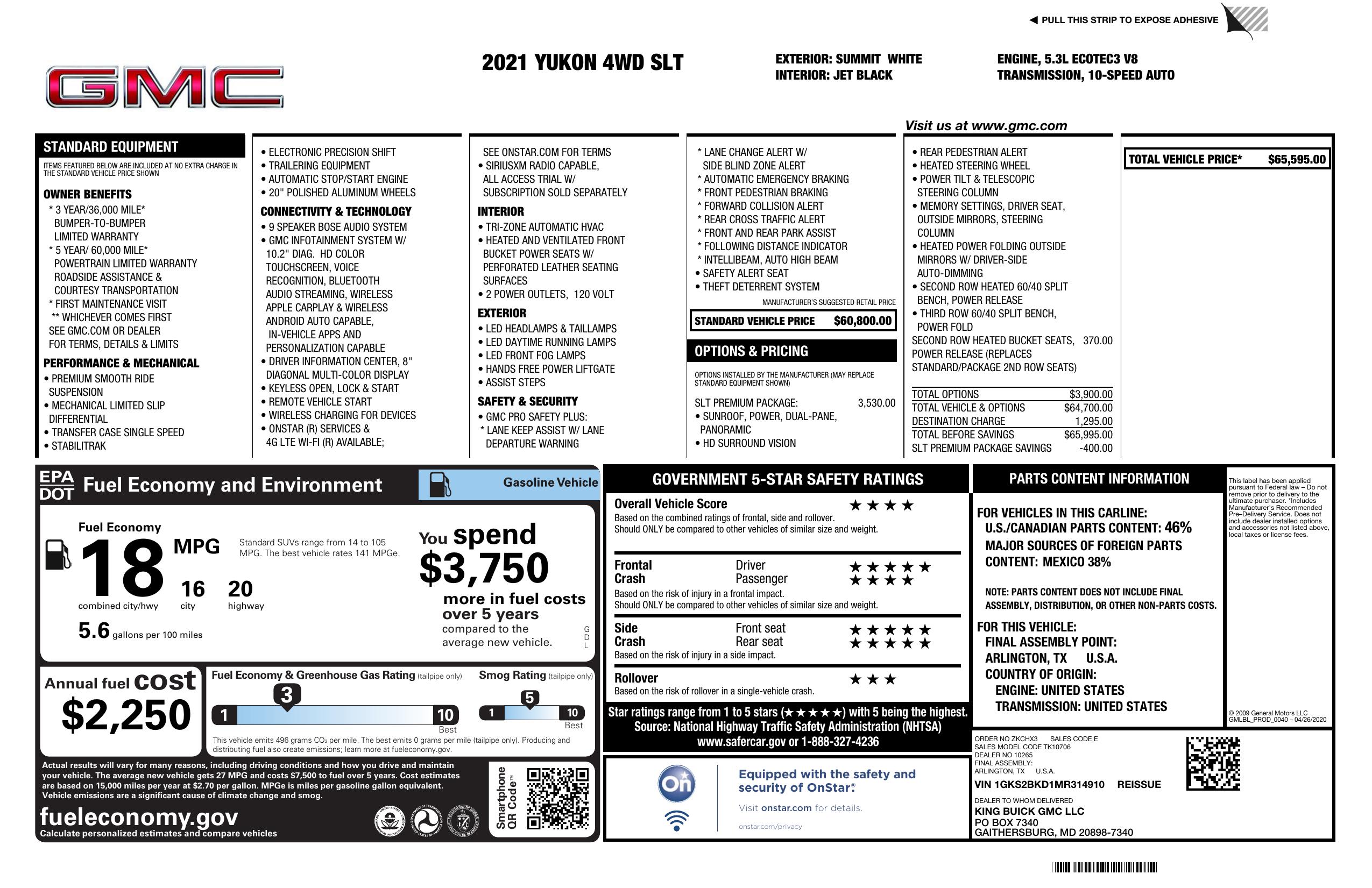 Window Sticker for 2021 GMC Yukon 4 Wd 4dr Slt