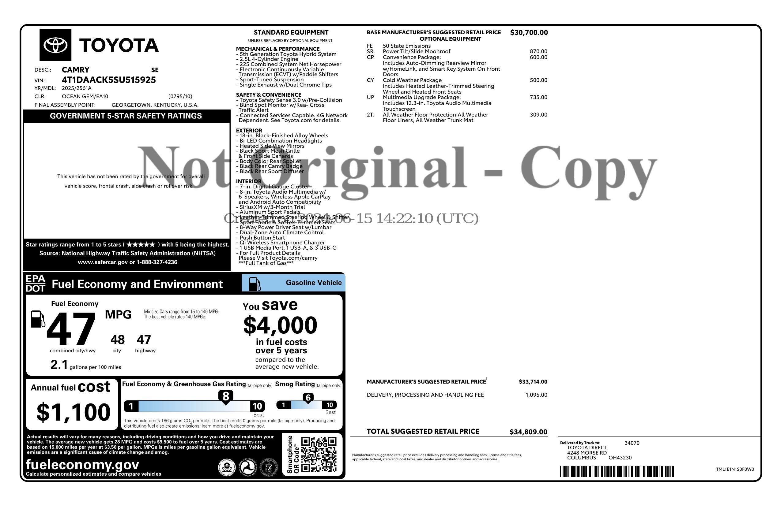 Window Sticker for 2025 Toyota Camry Se W/ Convenience Package