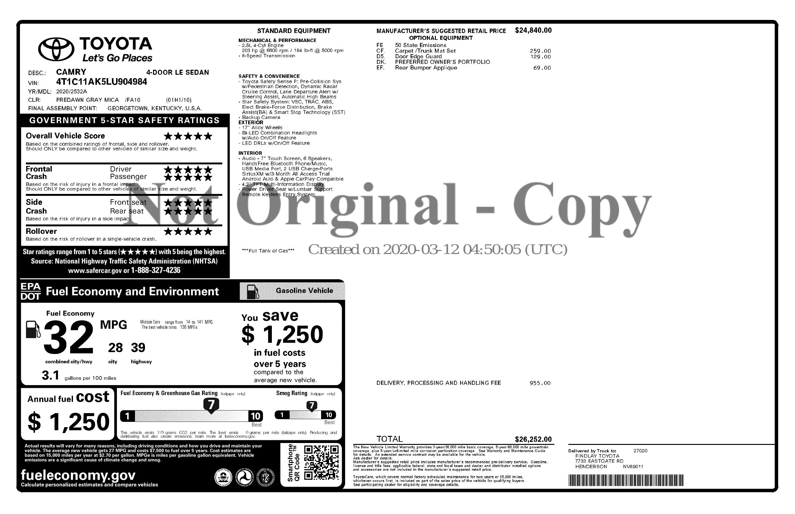 Window Sticker for 2020 Toyota Camry Le Auto (Natl)