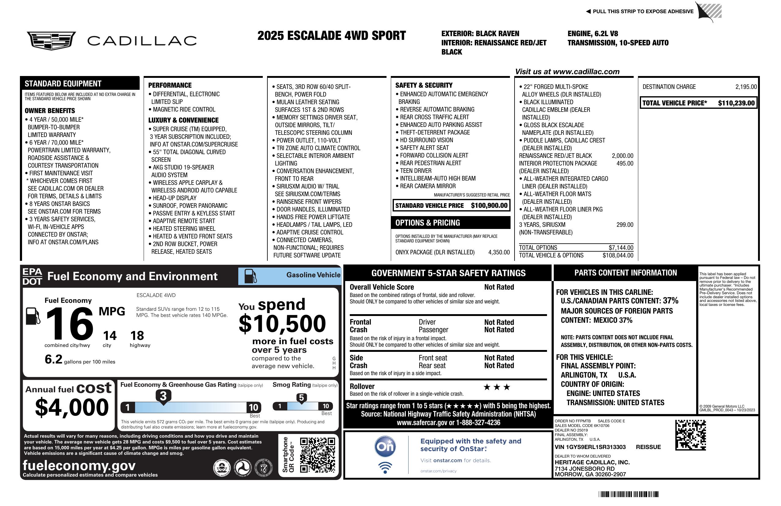 Window Sticker for 2025 Cadillac Escalade 4 Wd 4dr Sport
