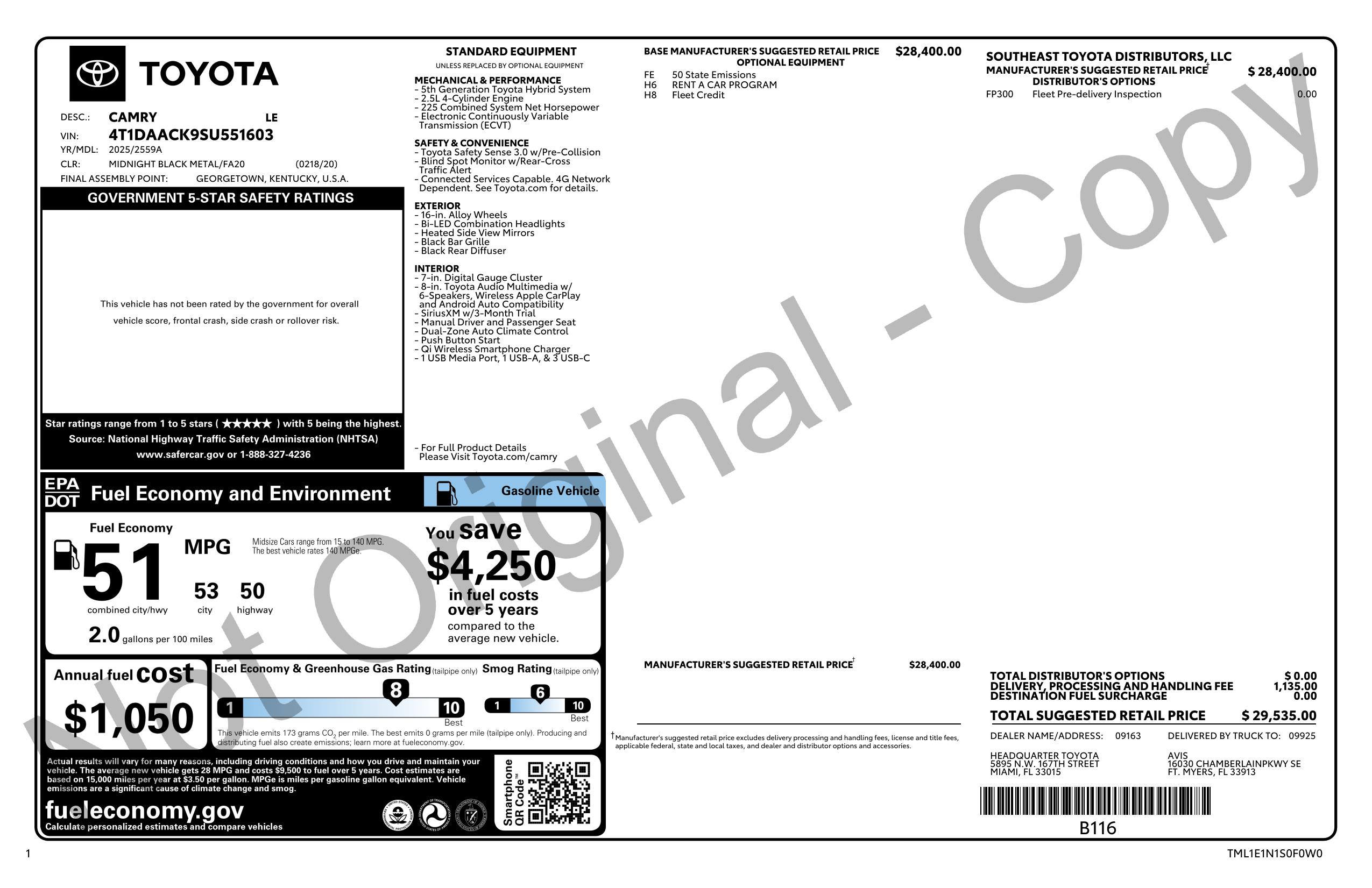 Window Sticker for 2025 Toyota Camry (Natl)