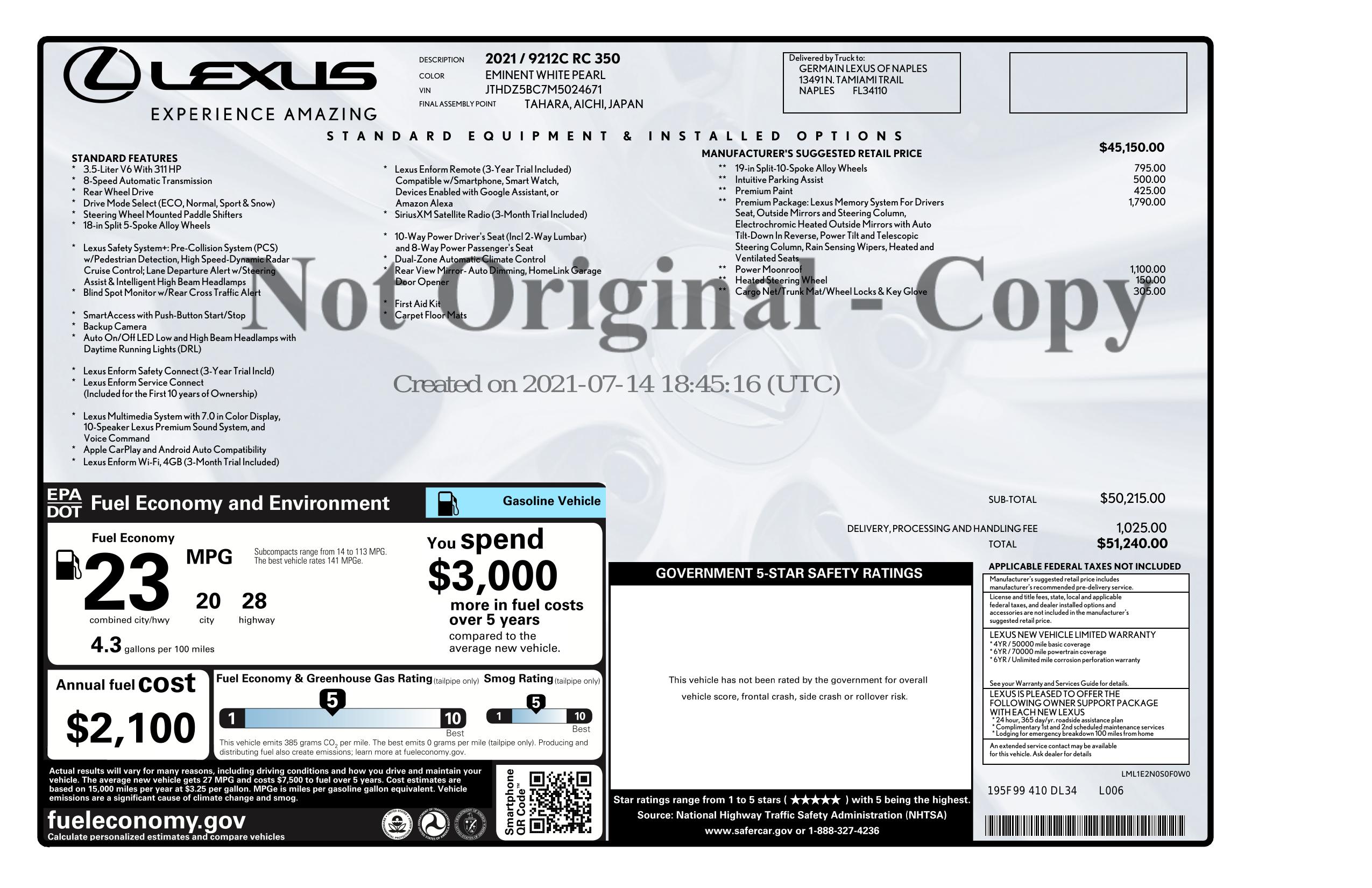 Window Sticker for 2021 Lexus Rc Rc 350 Rwd