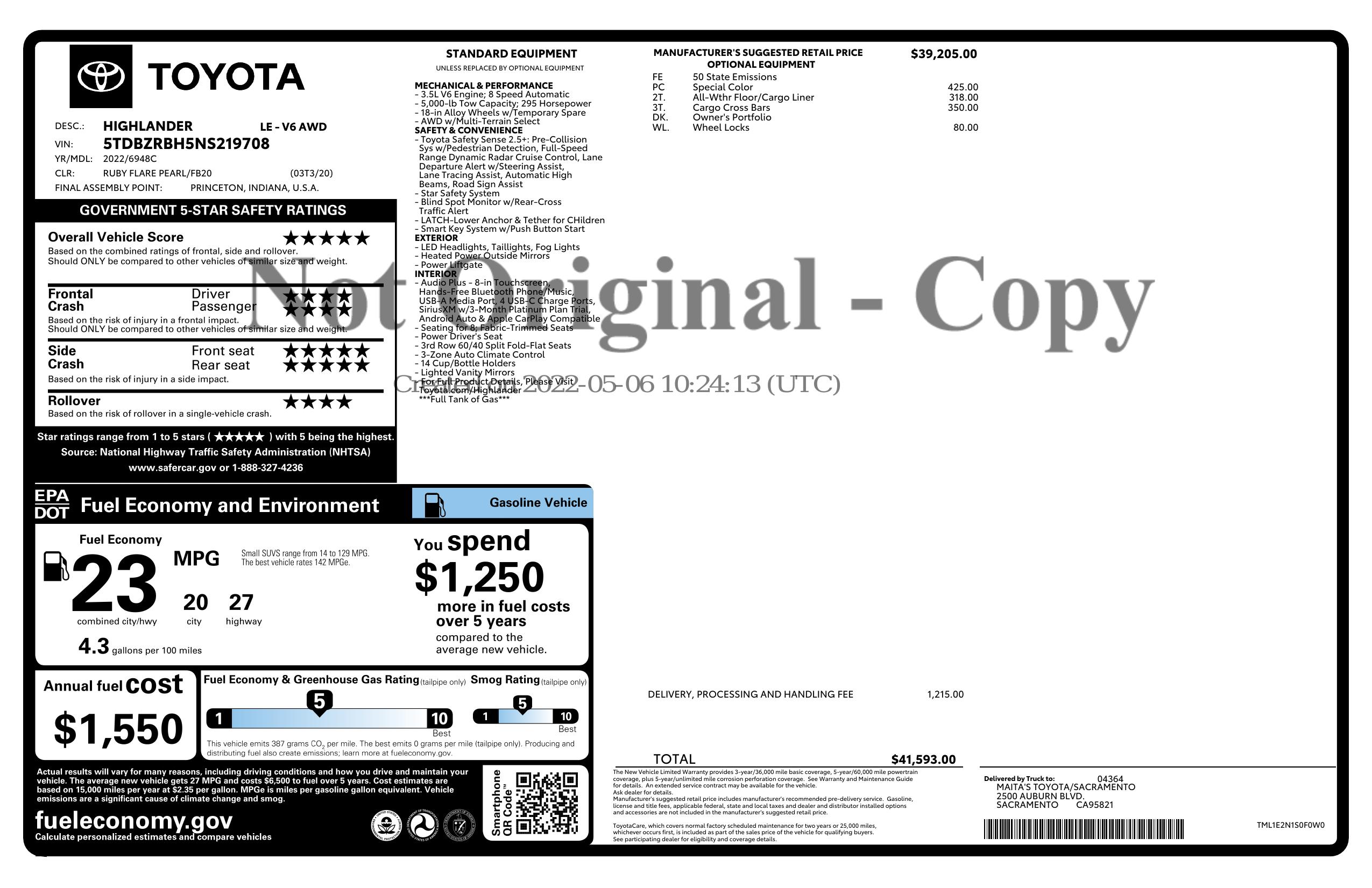 Window Sticker for 2022 Toyota Highlander Le
