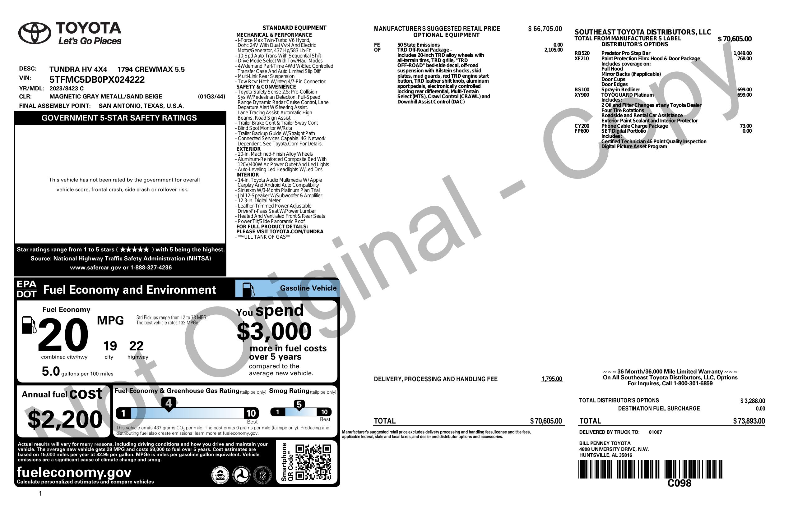 Window Sticker for 2023 Toyota Tundra 4 Wd 1794 Edition Hybrid Crew Max ...