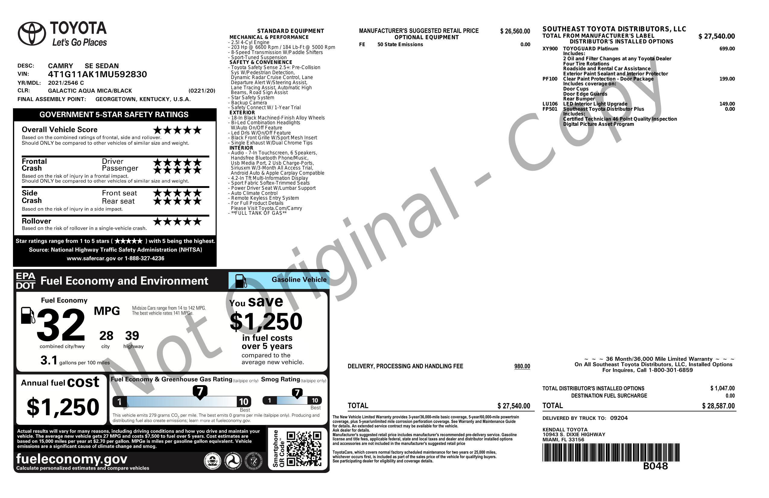 Window Sticker for 2021 Toyota Camry Se Auto (Natl)