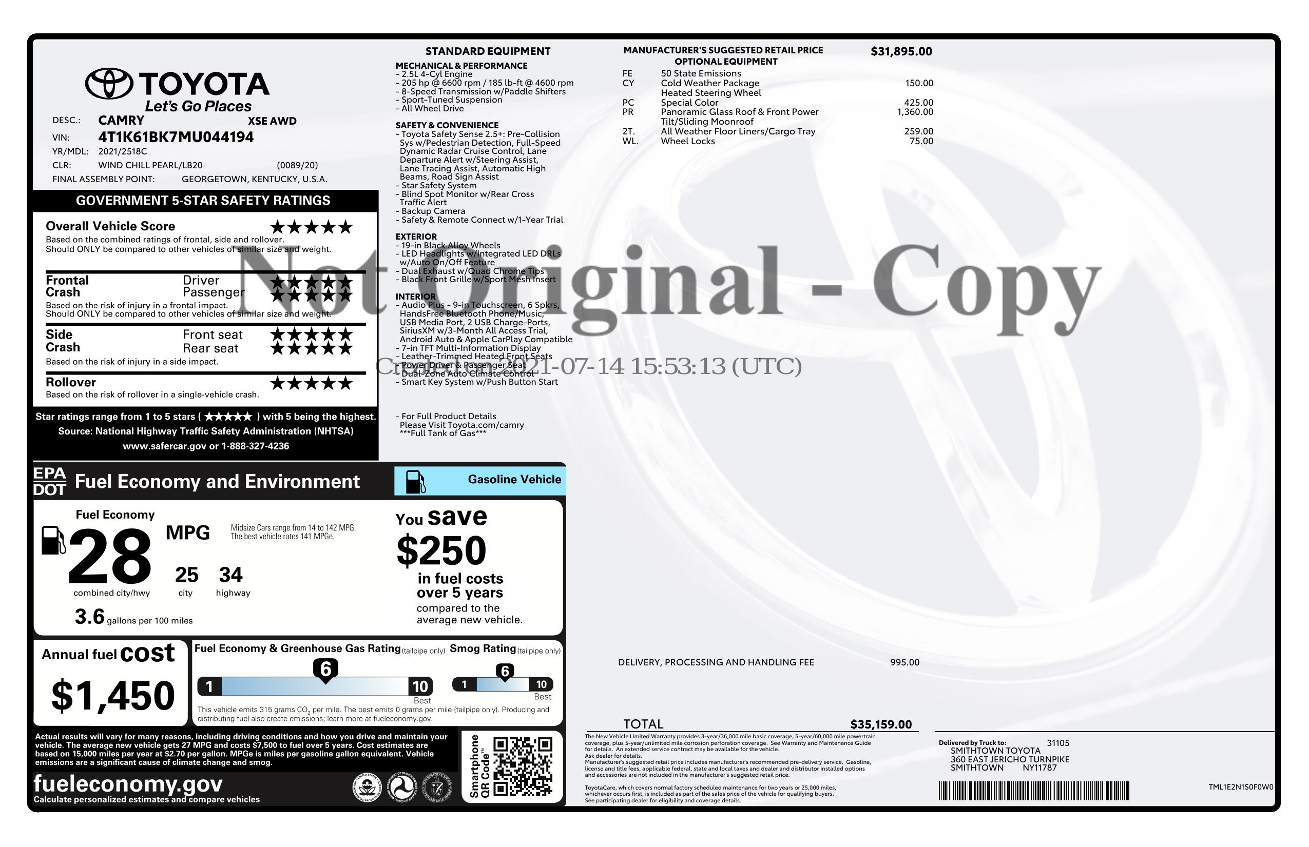Window Sticker for 2021 Toyota Camry Xse Auto Awd (Natl)