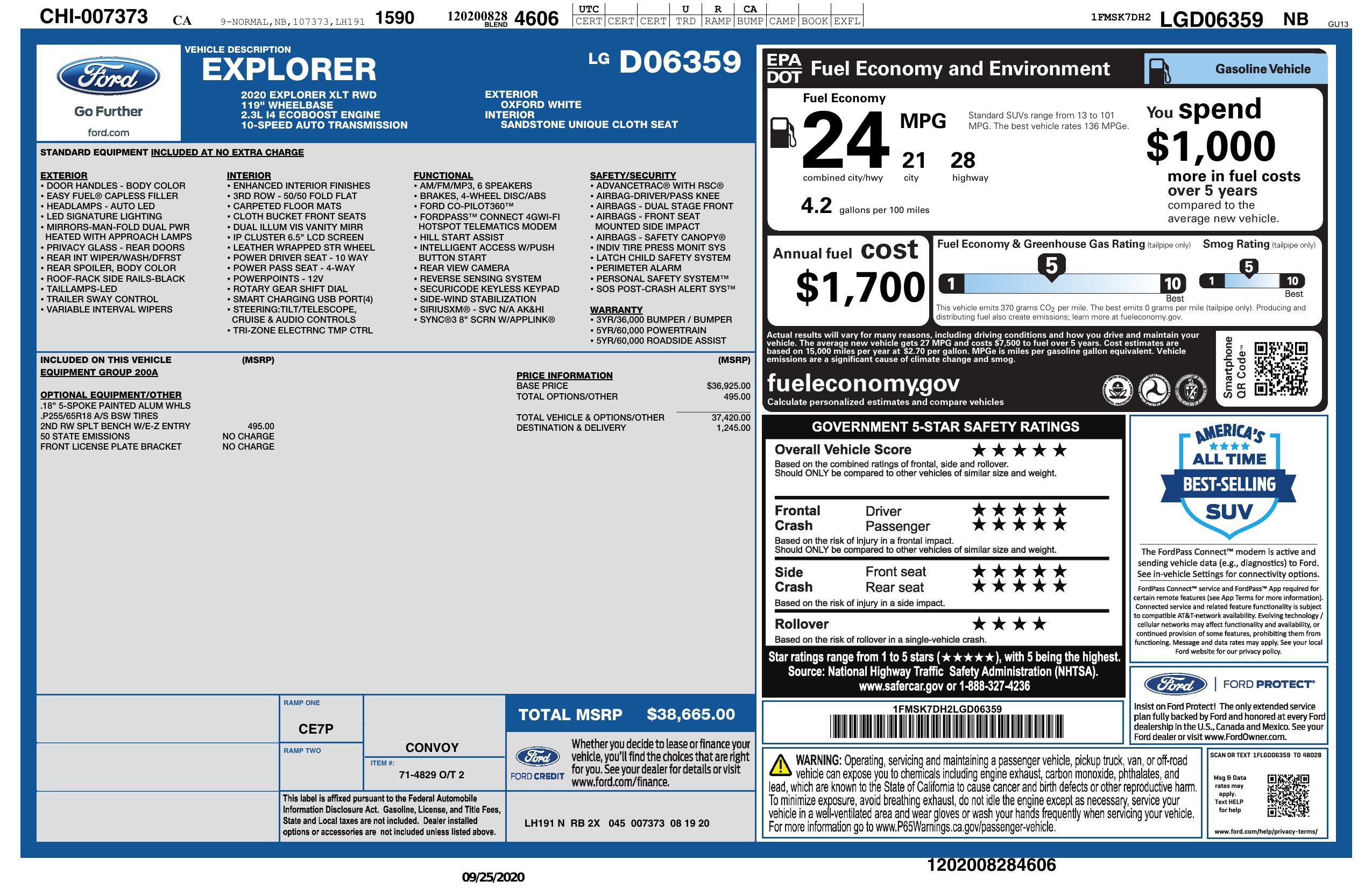 Window Sticker for 2020 Ford Explorer Xlt Rwd