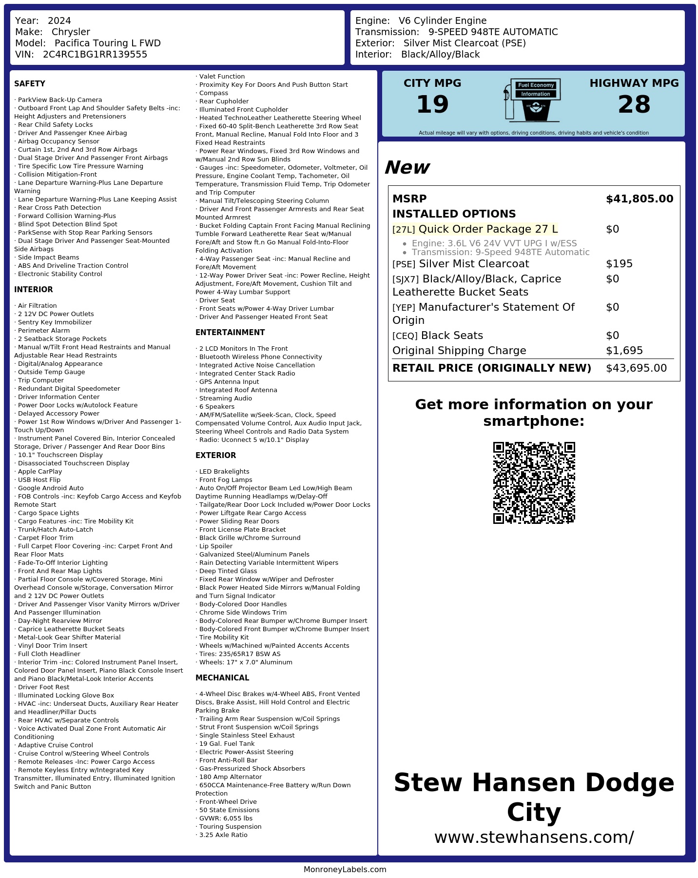 Window Sticker for 2024 Chrysler Pacifica Touring L Fwd