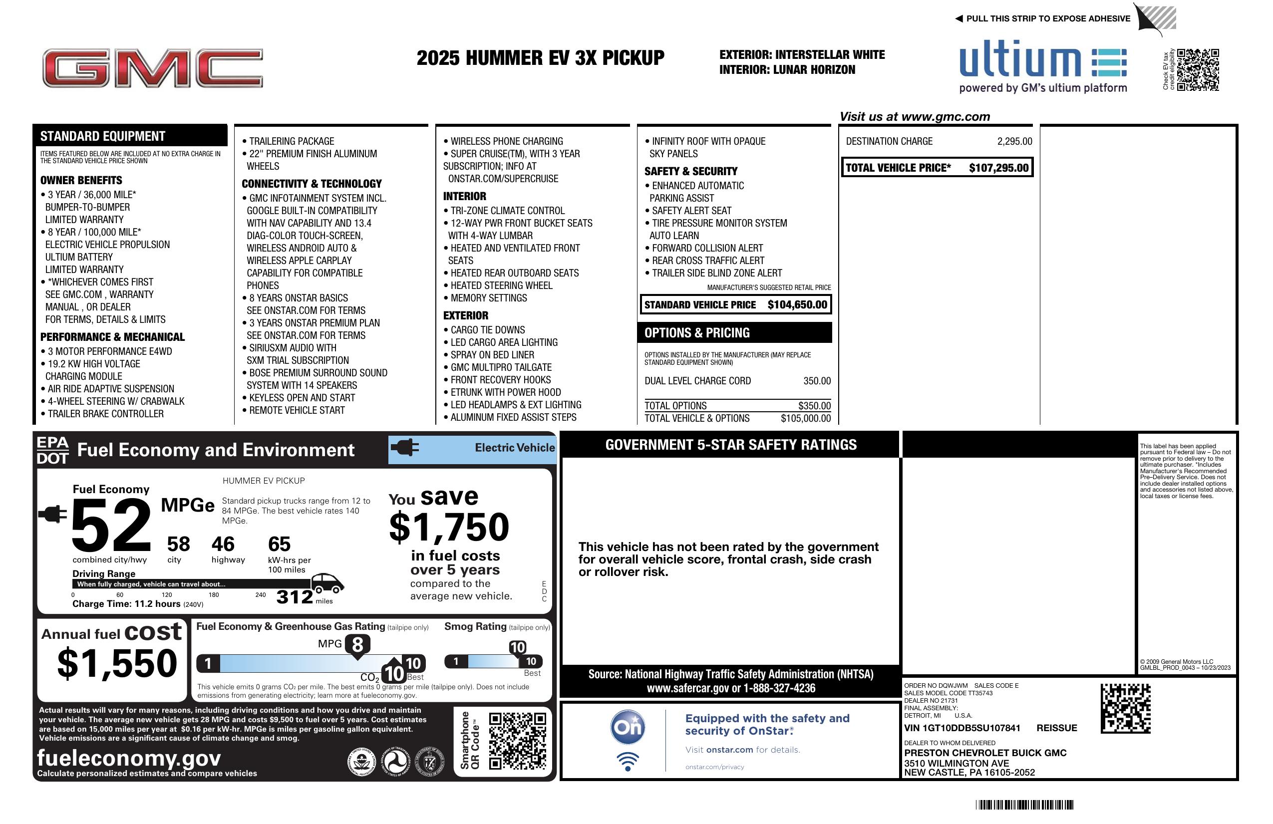 Window Sticker for 2025 GMC Hummer Ev Pickup E4 Wd Crew Cab 3 X